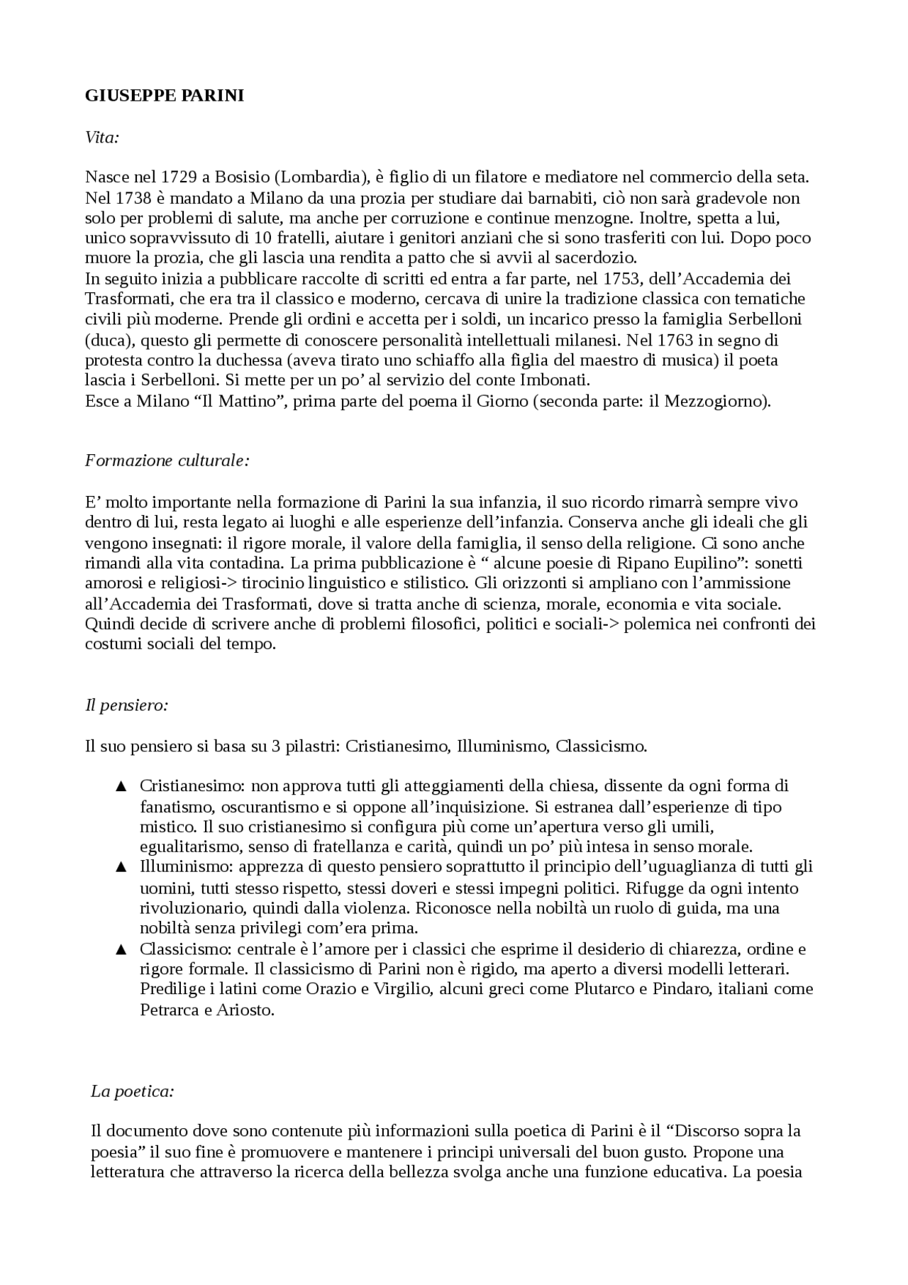 Giuseppe Parini Vita E Opere Docsity