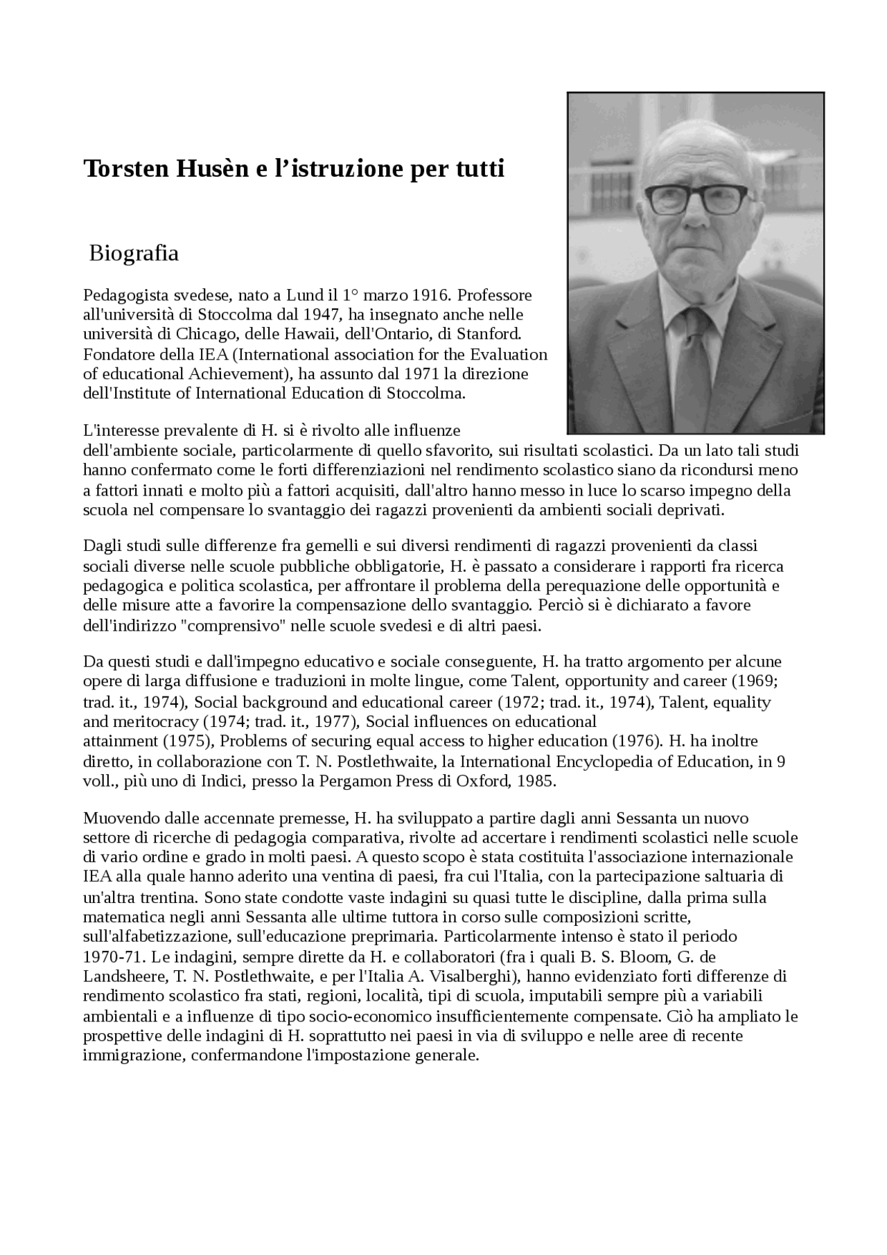 Torsten Husèn - L'istruzione per tutti - Docsity