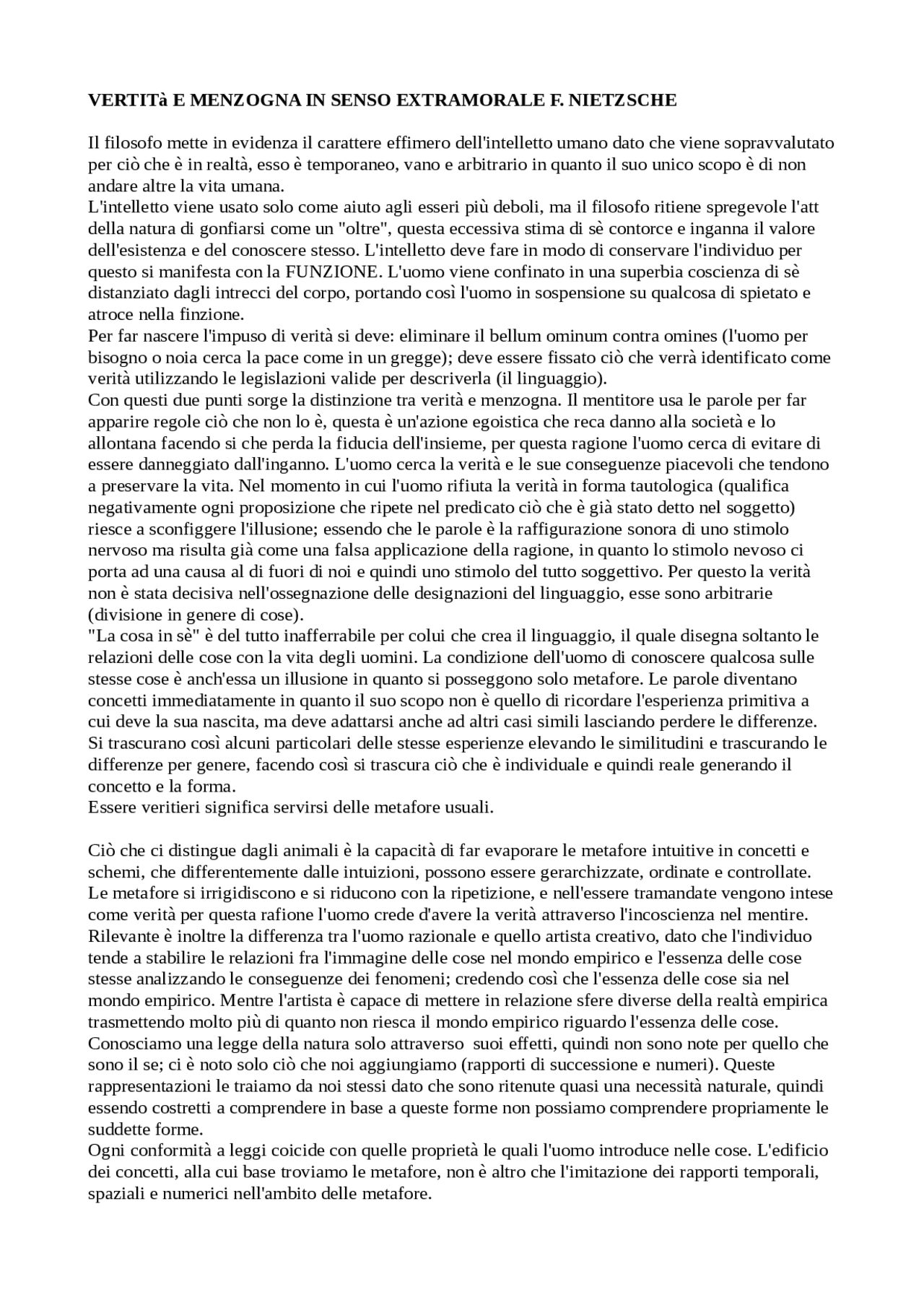 Su Verità E Menzogna In Senso Extramorale Friedrich Nietzsche Docsity