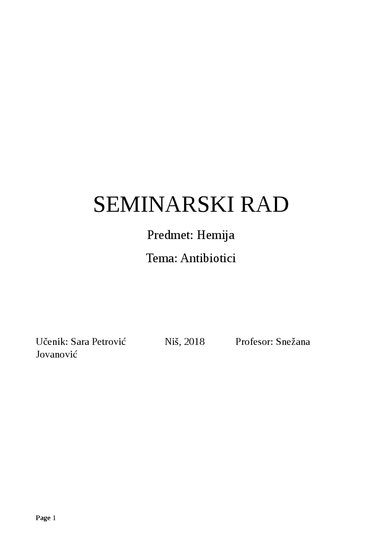 Antibiotici Seminarski Rad Iz Hemije Skripte Predlog Hemija Docsity