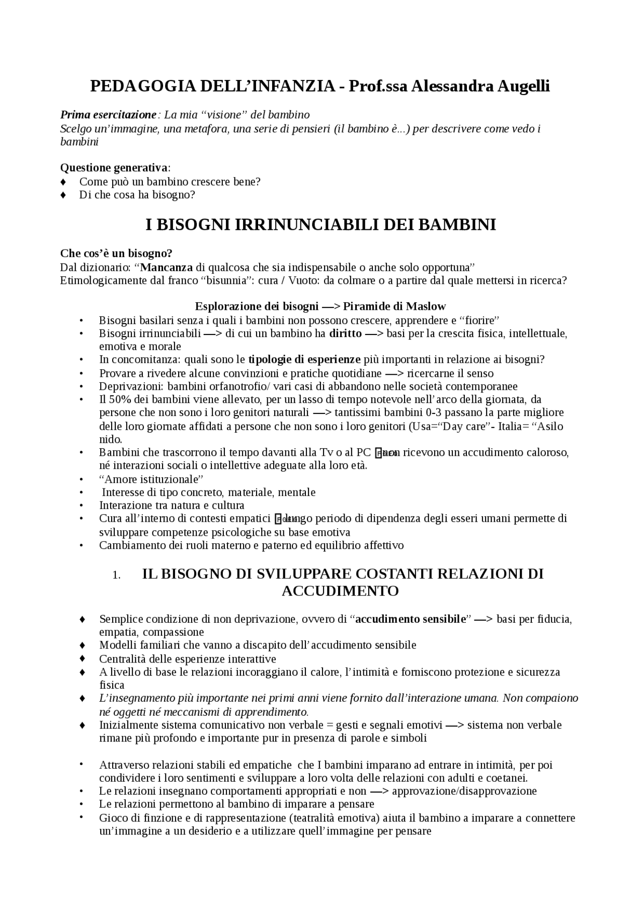 I Bisogni Irrinunciabili Dei Bambini Docsity