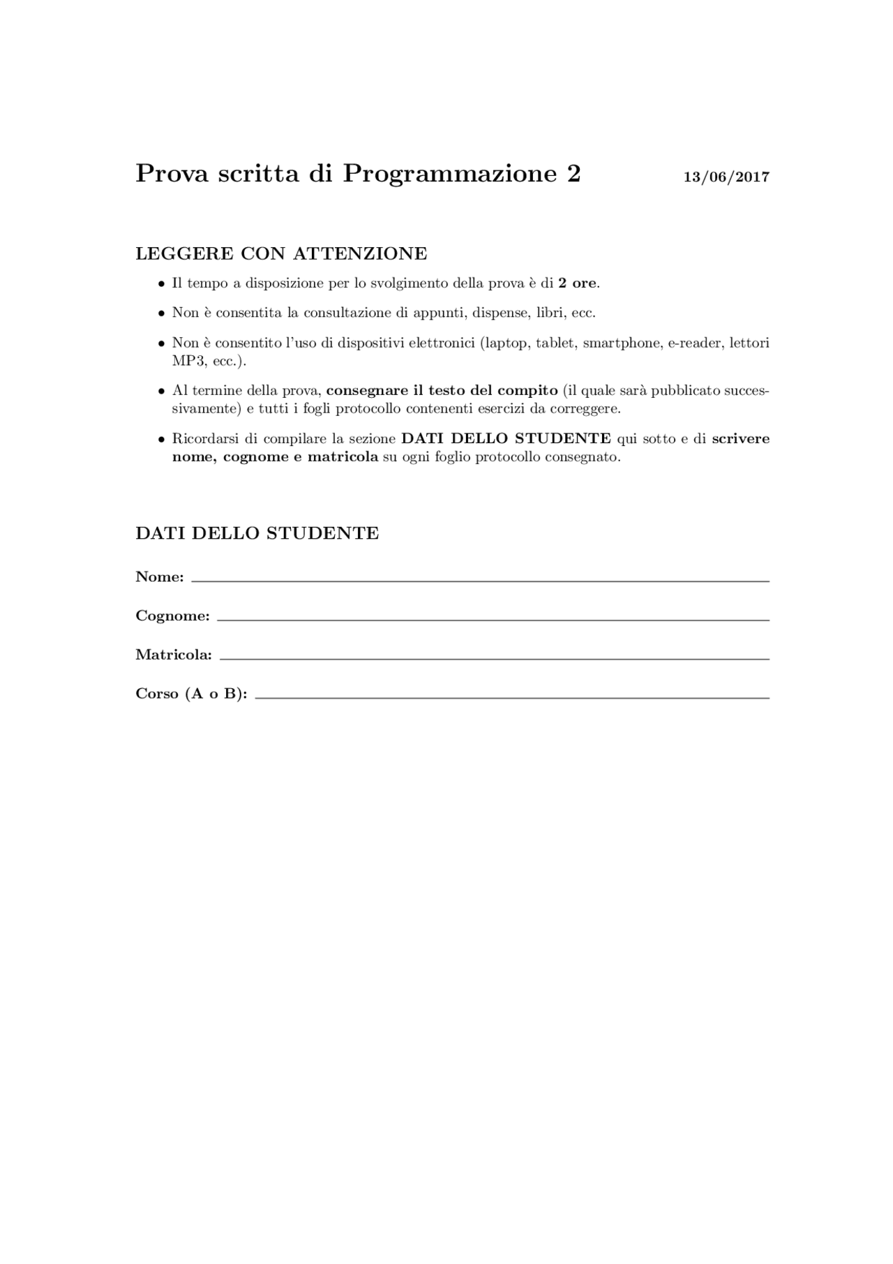 Esercizi tipici di Programmazione 2 - Docsity