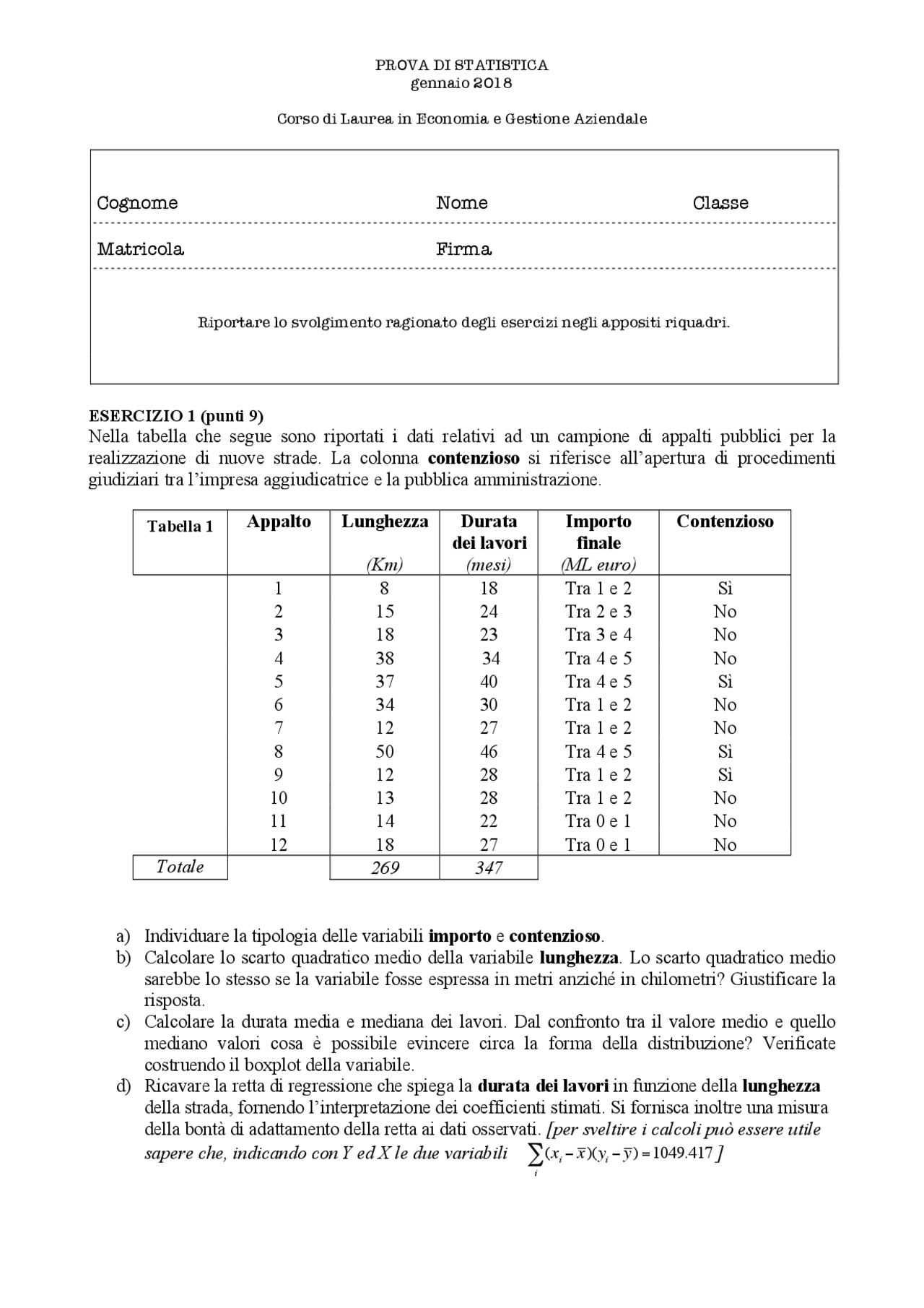 Esame Gennaio Statistica Cannas Massimo Docsity