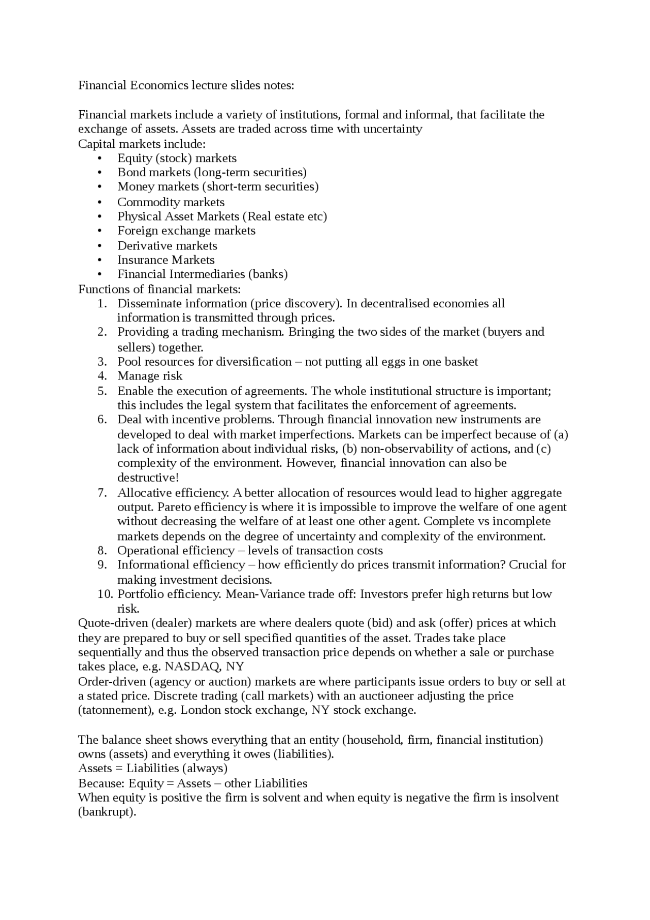 Financial Economics Notes - Docsity