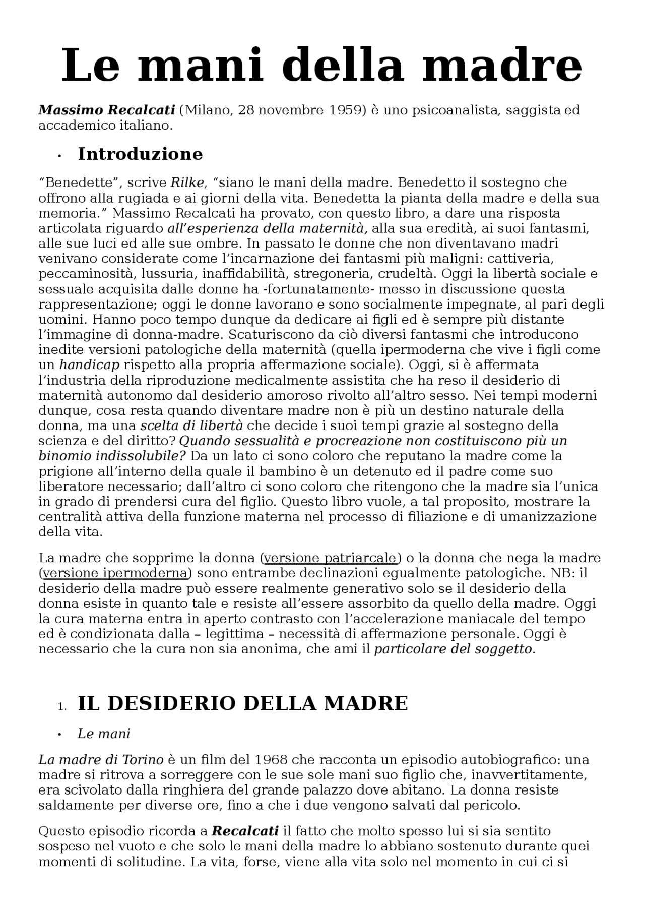 Le Mani Della Madre Di Massimo Recalcati Schemi E Mappe Concettuali
