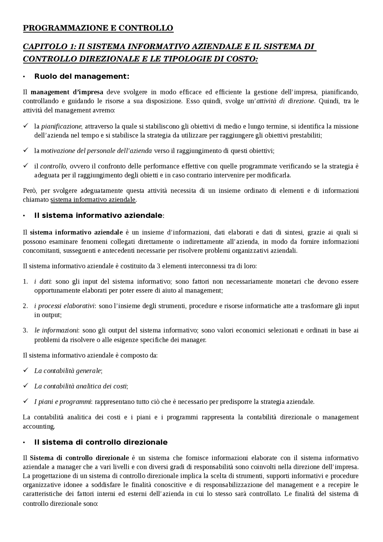 Appunti Programmazione e Controllo | Appunti di Programmazione e controllo | Docsity