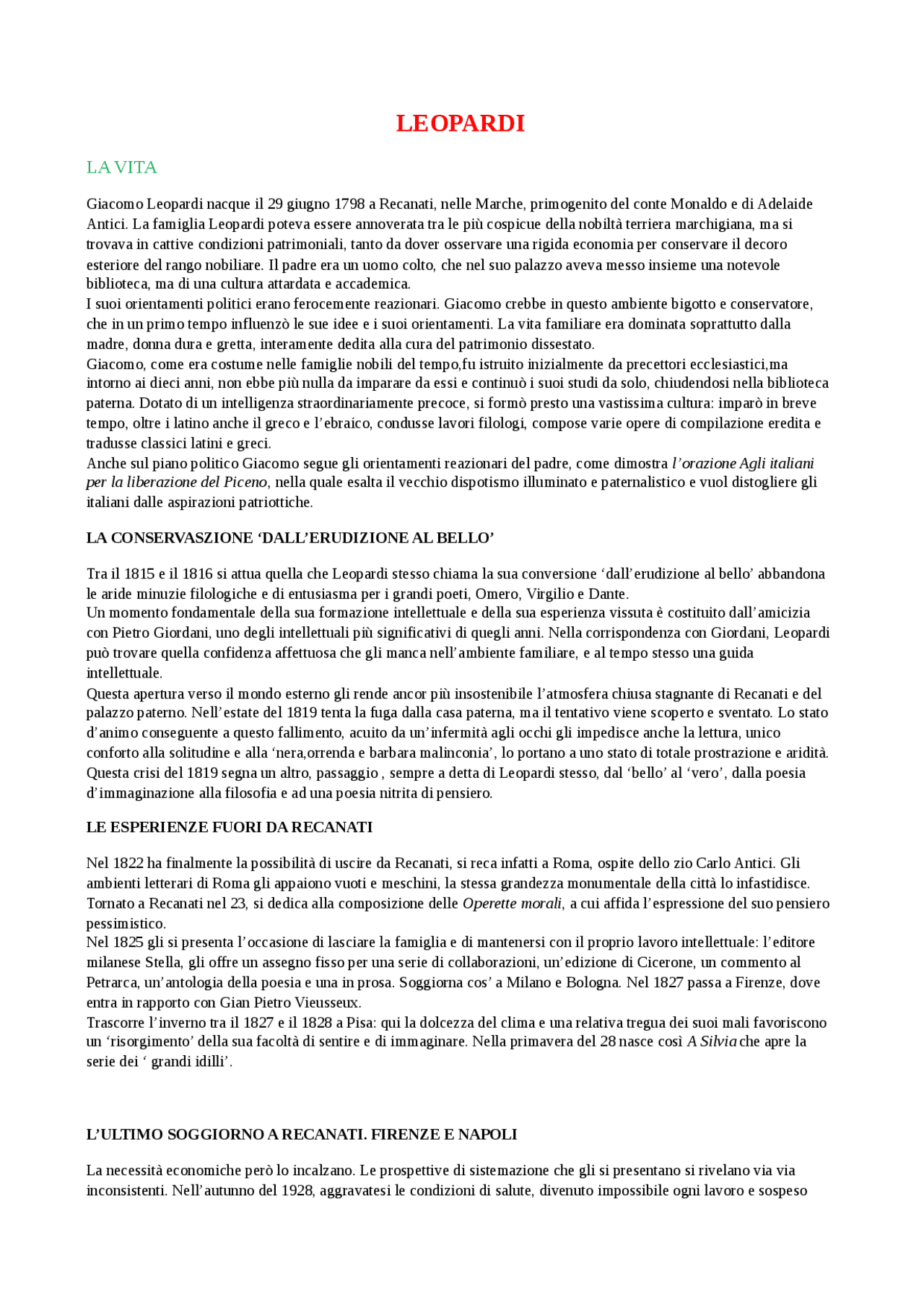 Riassunto generale Leopardi - Docsity
