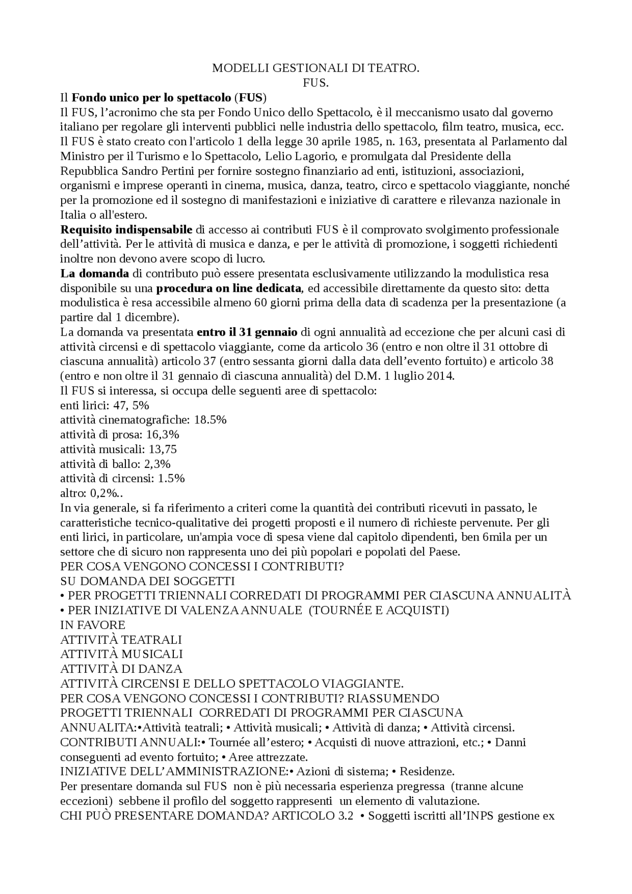 Appunti Esame Modelli Gestionali Di Teatro Docsity