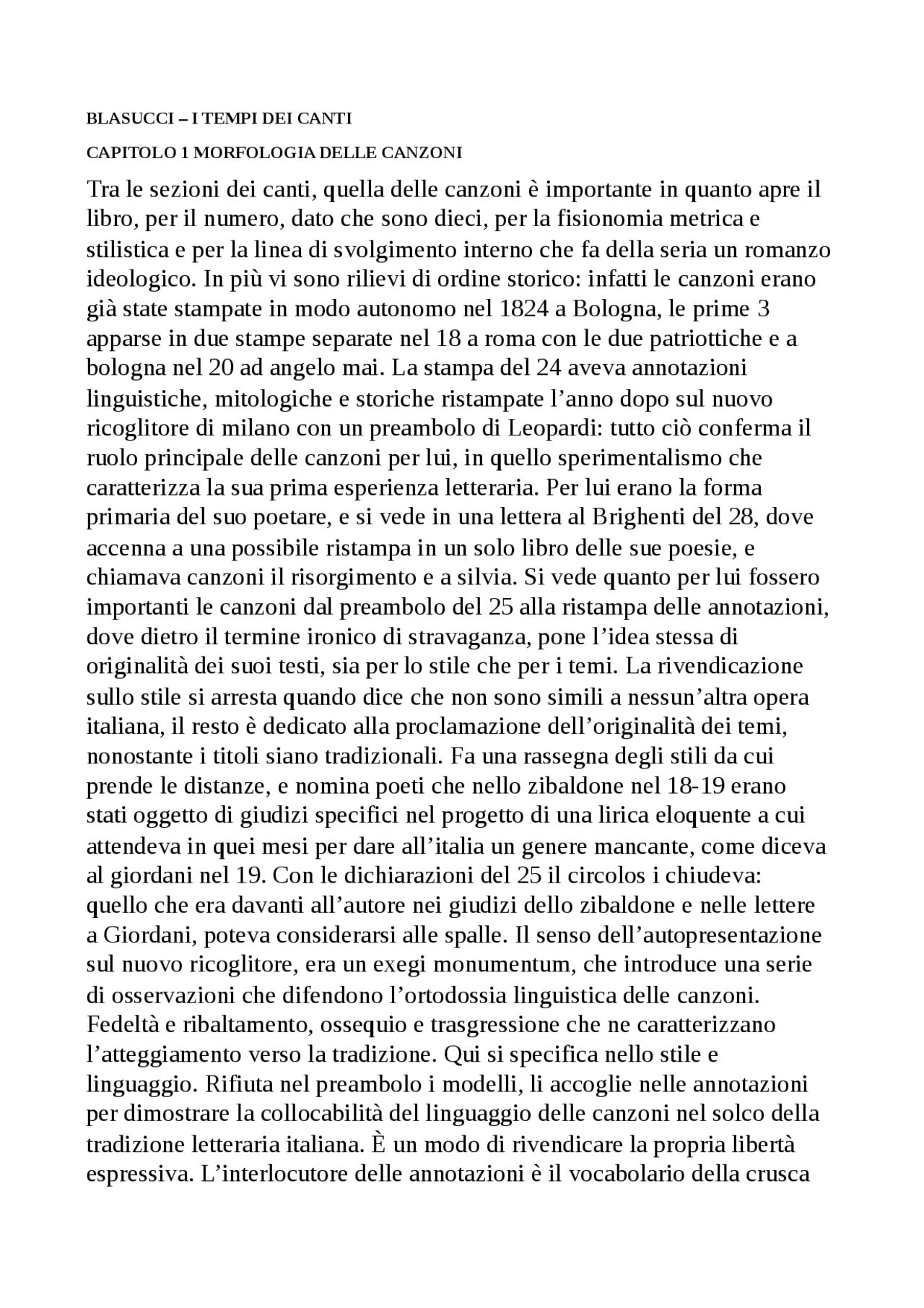Blasucci I Tempi Dei Canti Leopardi Prove Desame Di Letteratura
