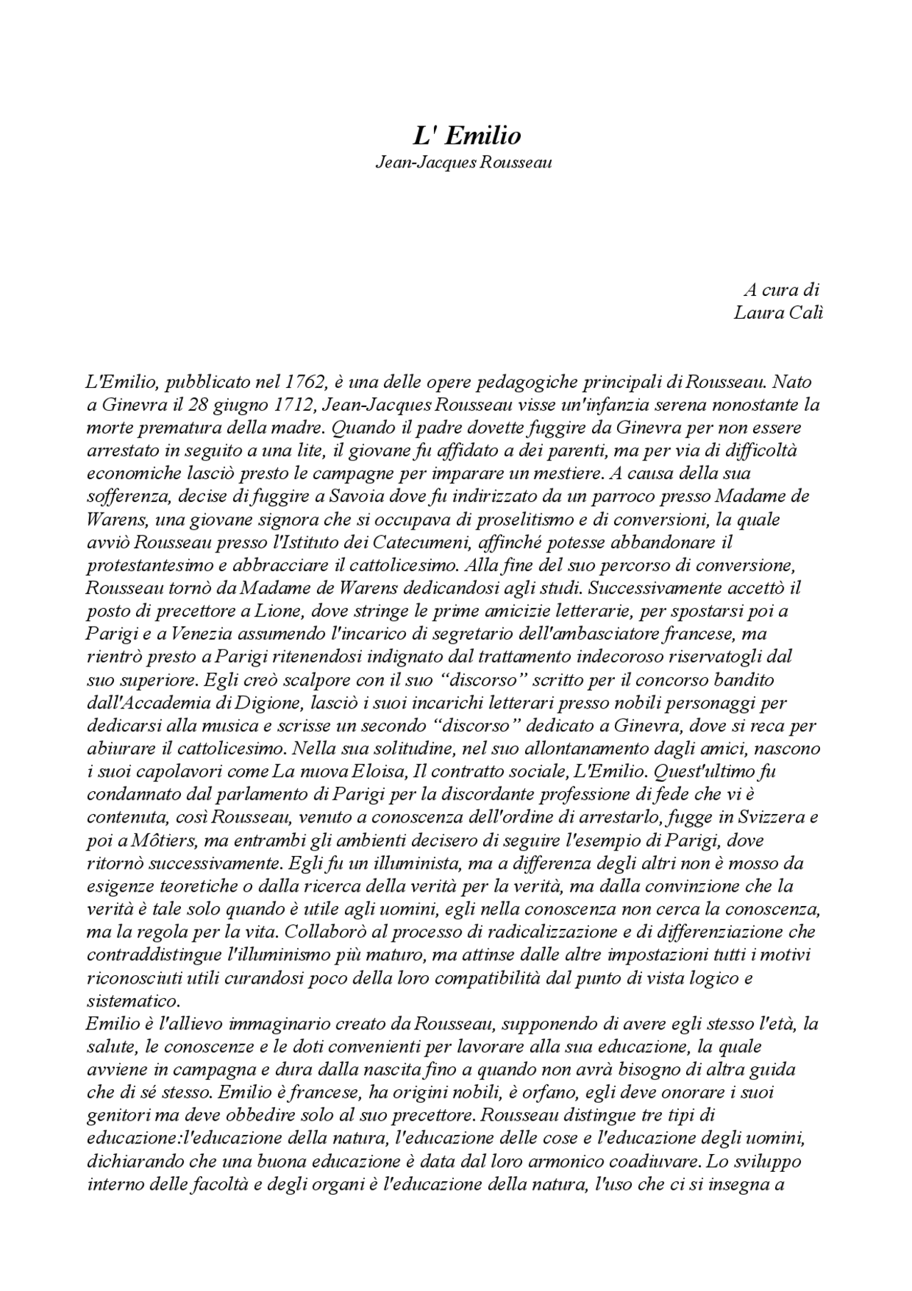 L'emilio, di Jean-Jacques Rousseau - Docsity