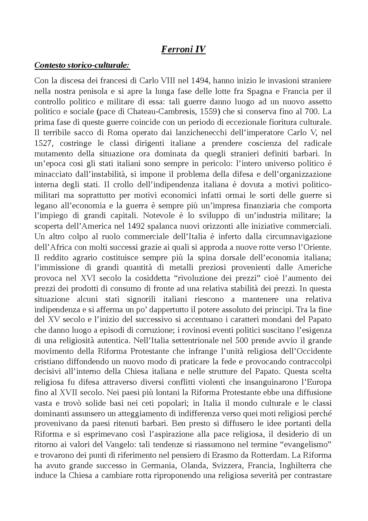 Riassunto Del Quarto Volume Di Gferroni Docsity