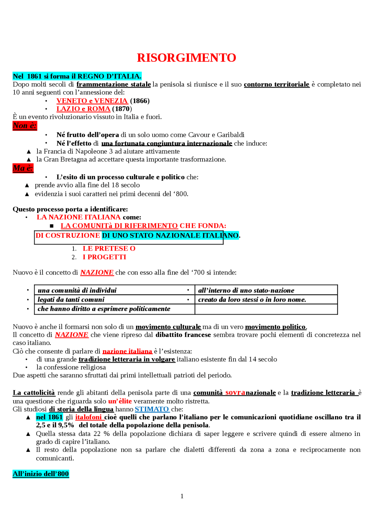 STORIA E IL RISORGIMENTO - Docsity