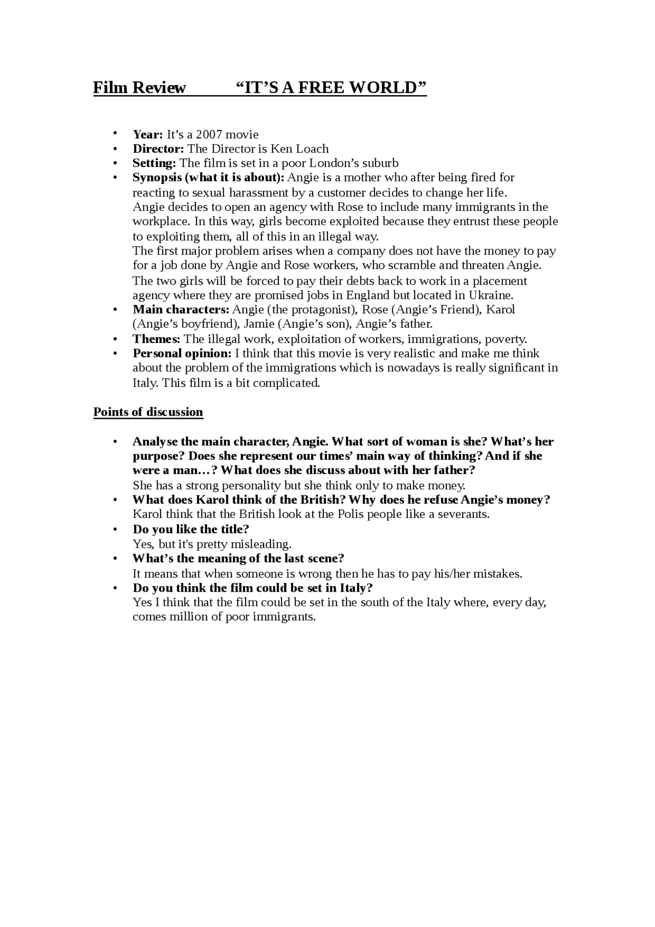 It's a Free World - Film Review - Docsity