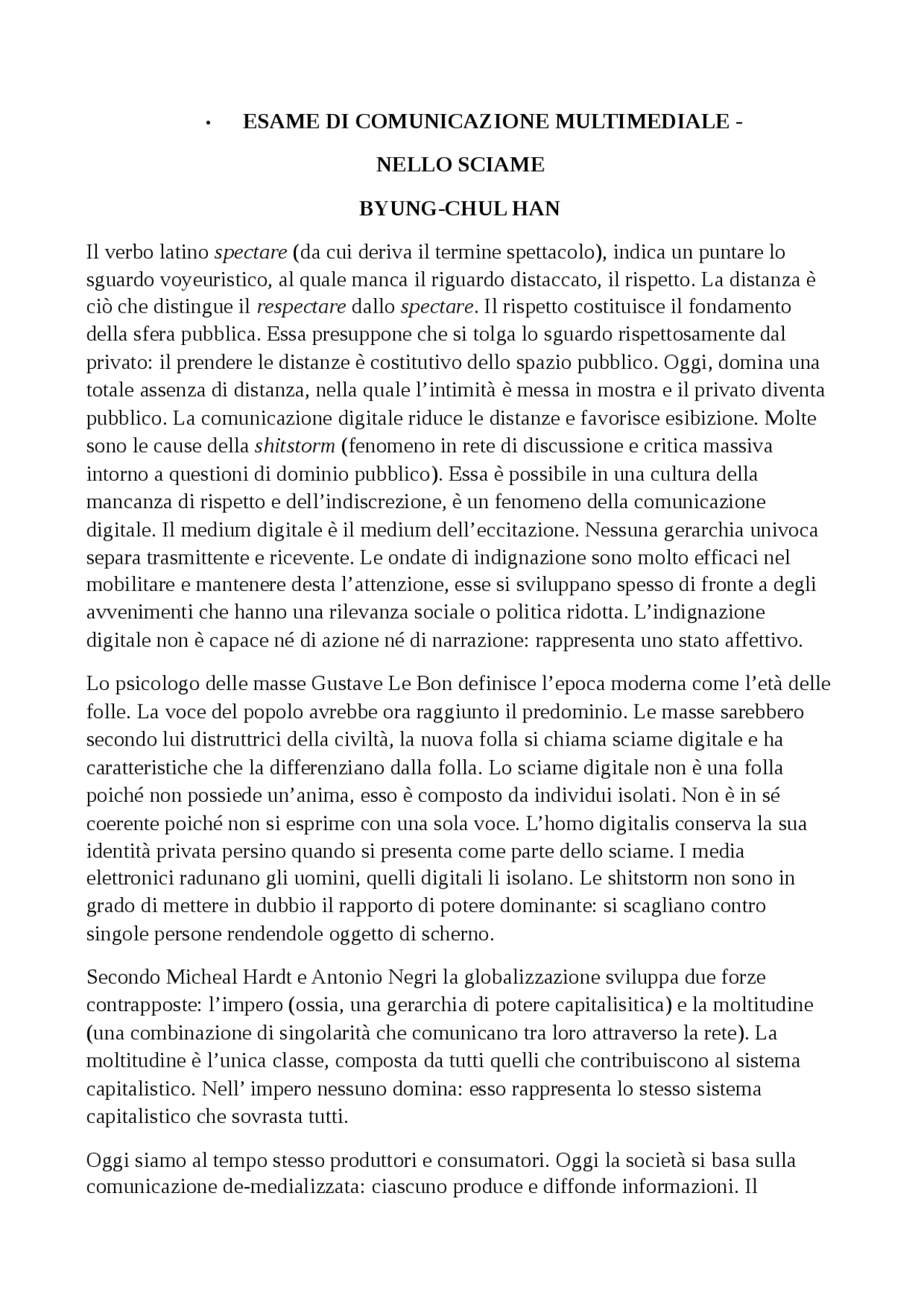 Nello Sciame Byung Chul Han Docsity