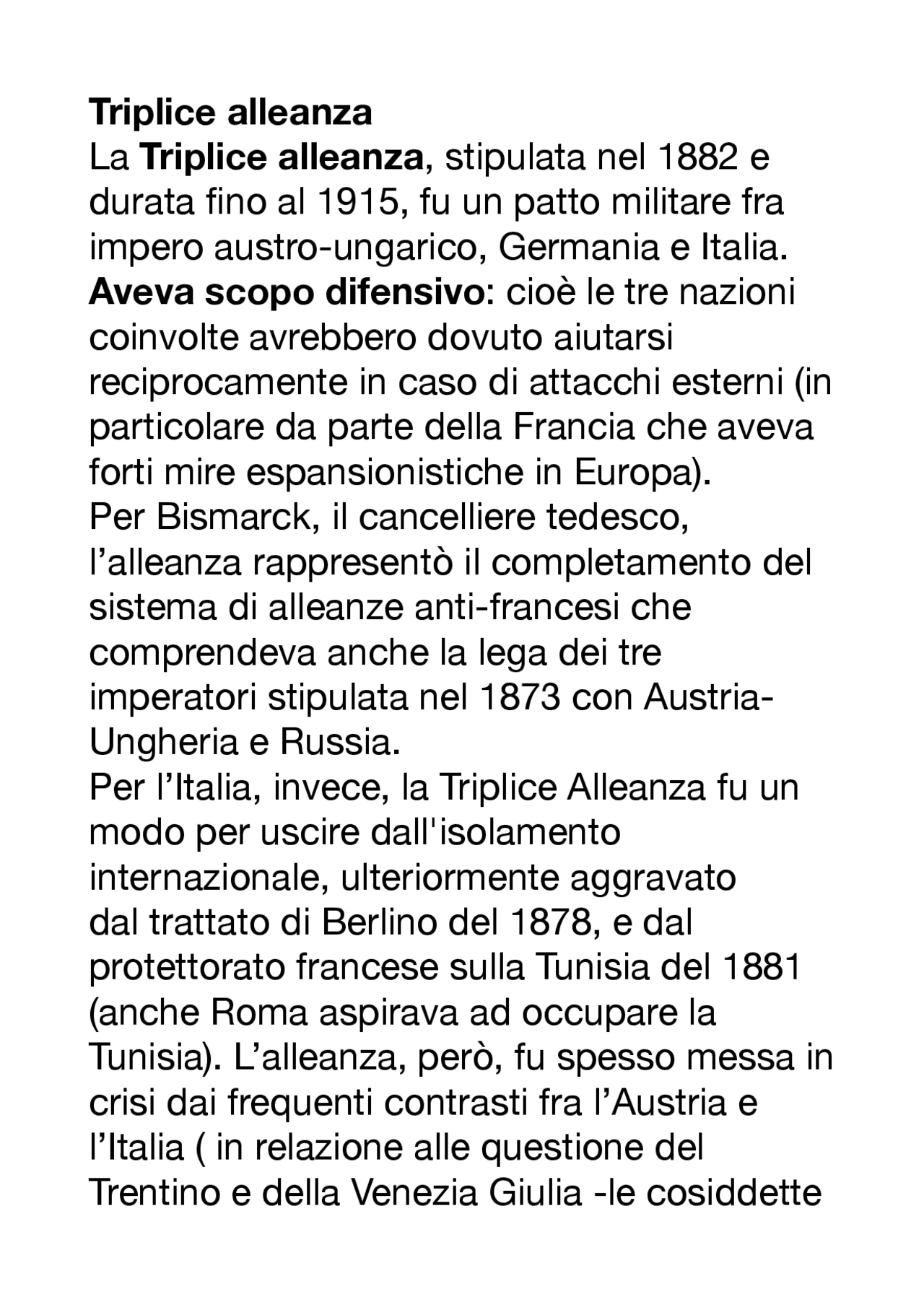 Triplice Alleanza1882-1915 | Schemi e mappe concettuali di Storia | Docsity