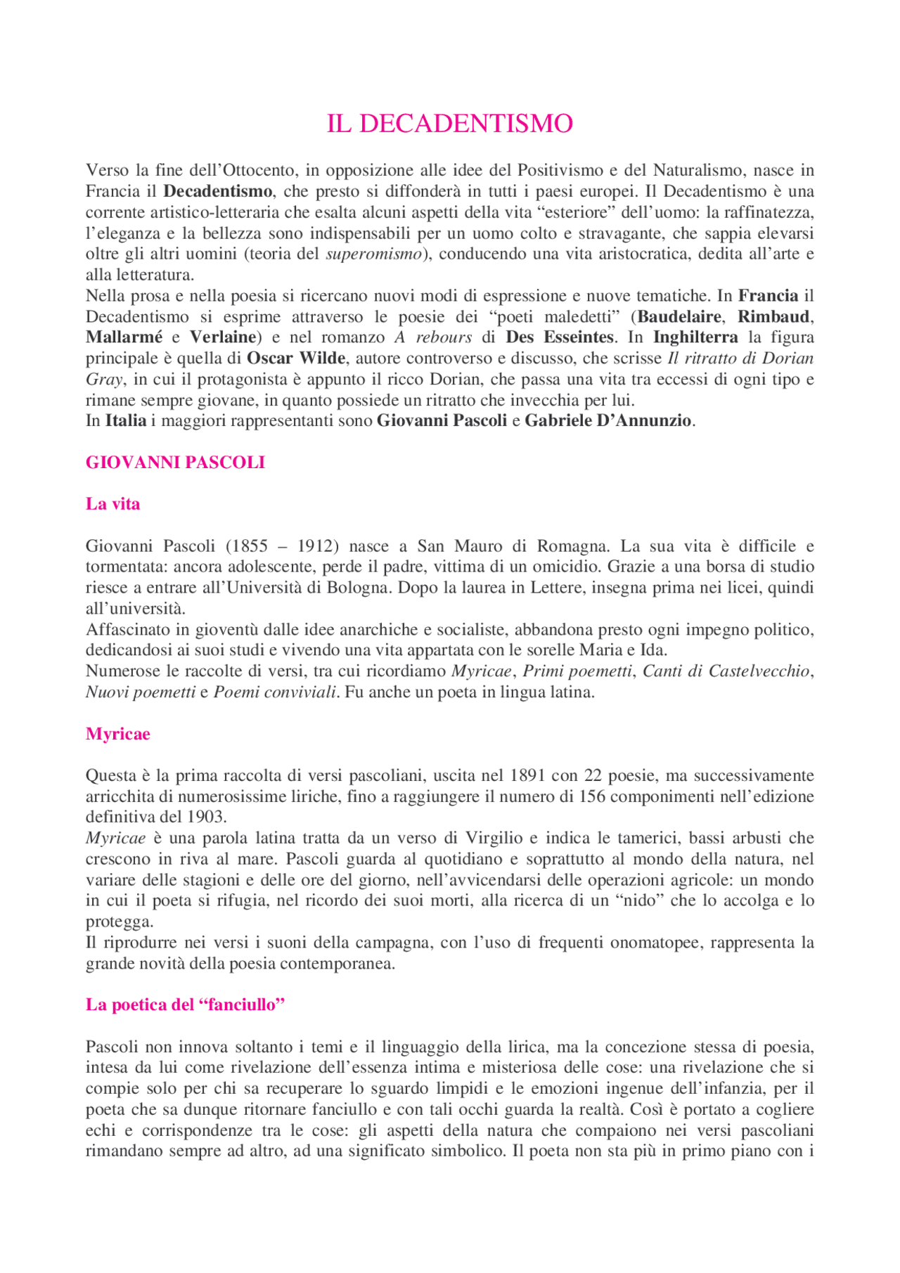 Il Decadentismo Storia Della Letteratura Italiana Docsity