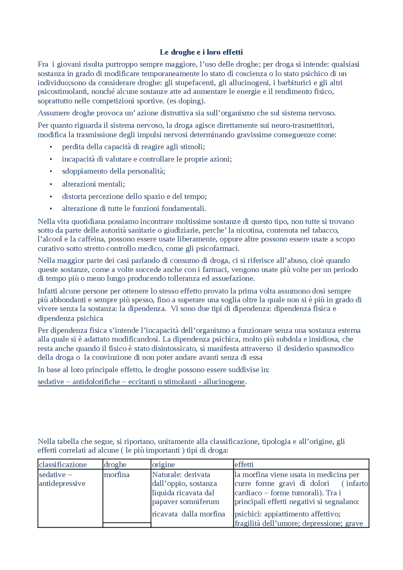 Le Droghe E I Loro Effetti Docsity