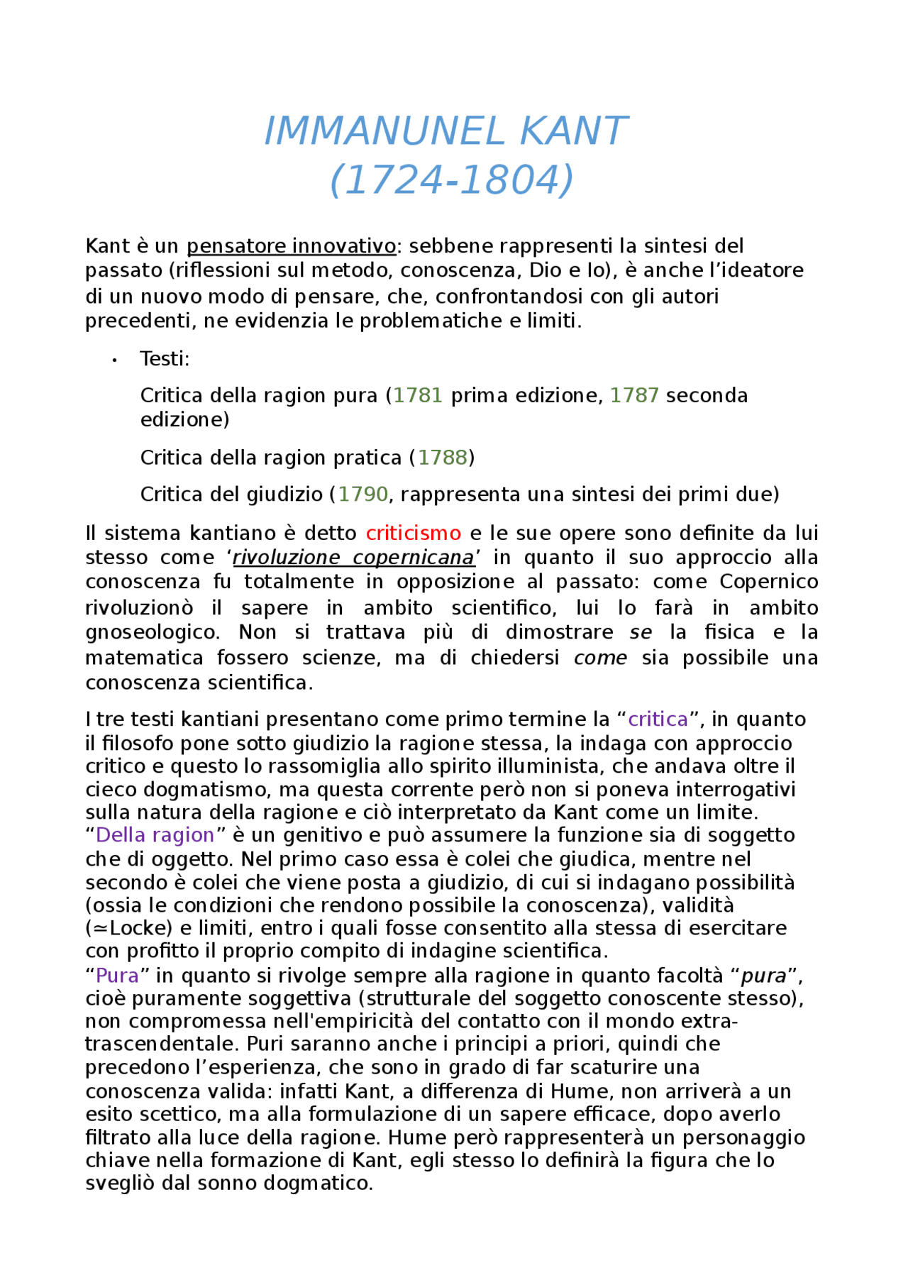 Appunti Di Kant Liceo Scienze Umane Docsity