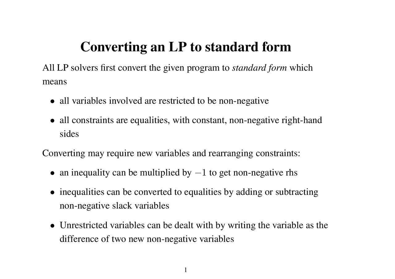 Standard form of LP linear progamming | Exams Operational Research | Docsity