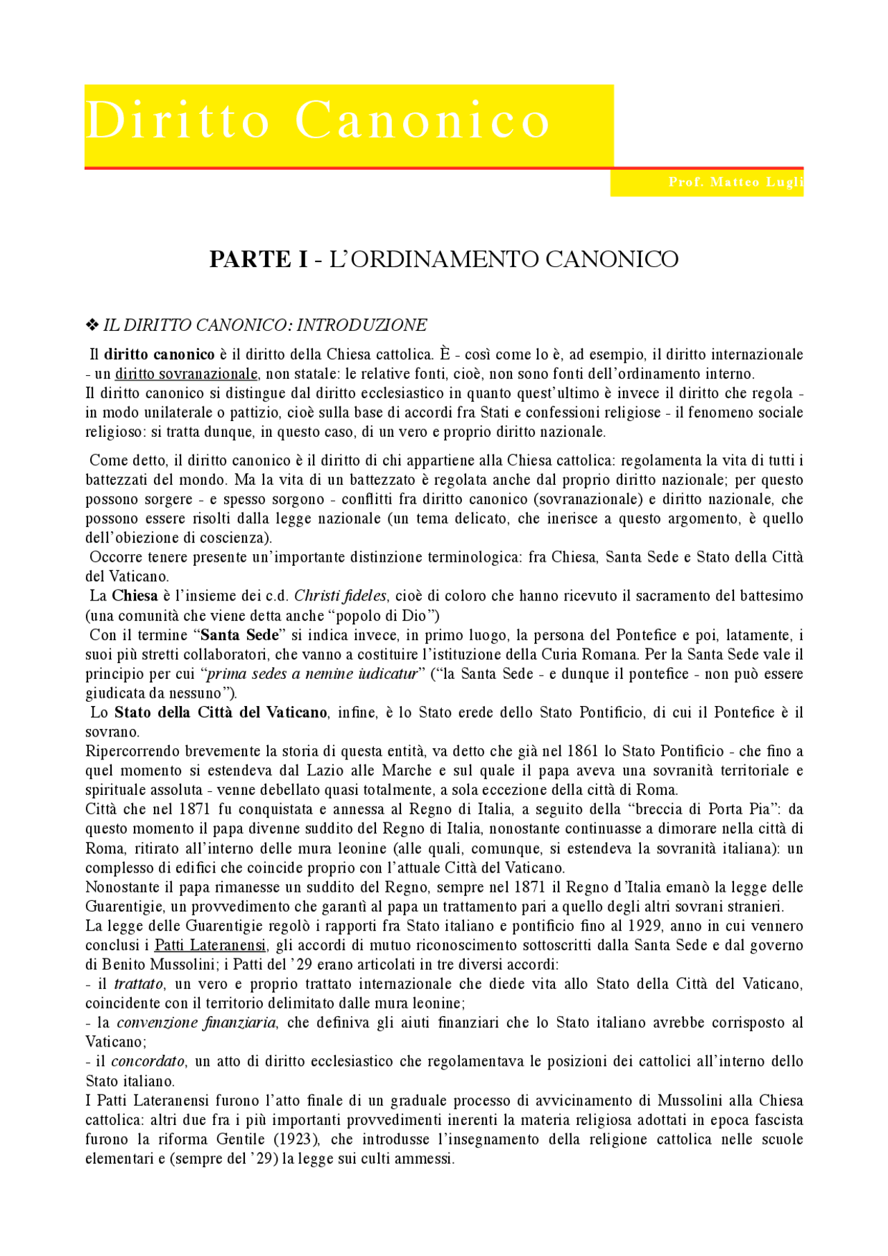 Diritto Canonico Prof Lugli Docsity