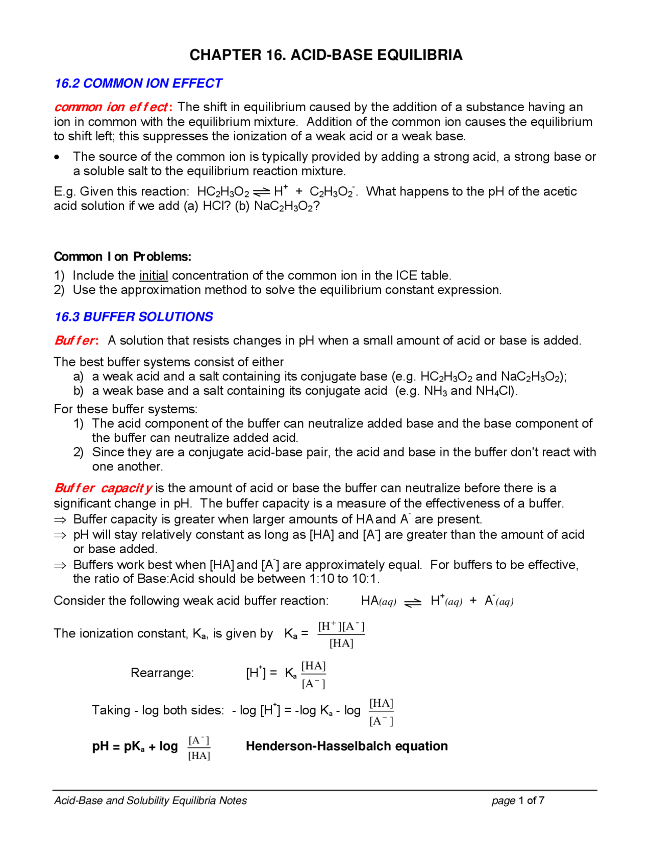 Acid-Base Equilibria: Common Ion Effect, Buffer Solutions, and ...