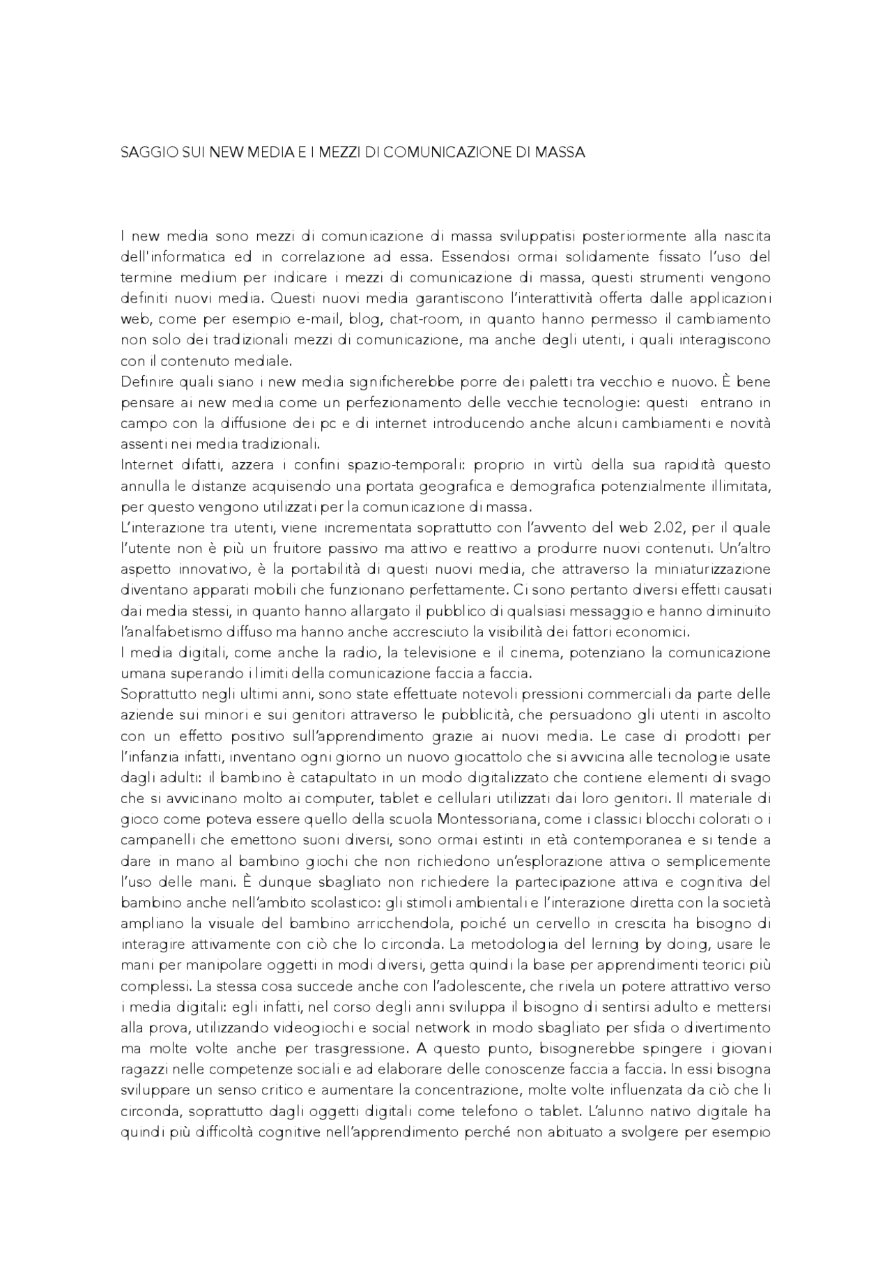 Saggio Sui Mass Media E I Mezzi Di Comunicazione Di Massa Docsity