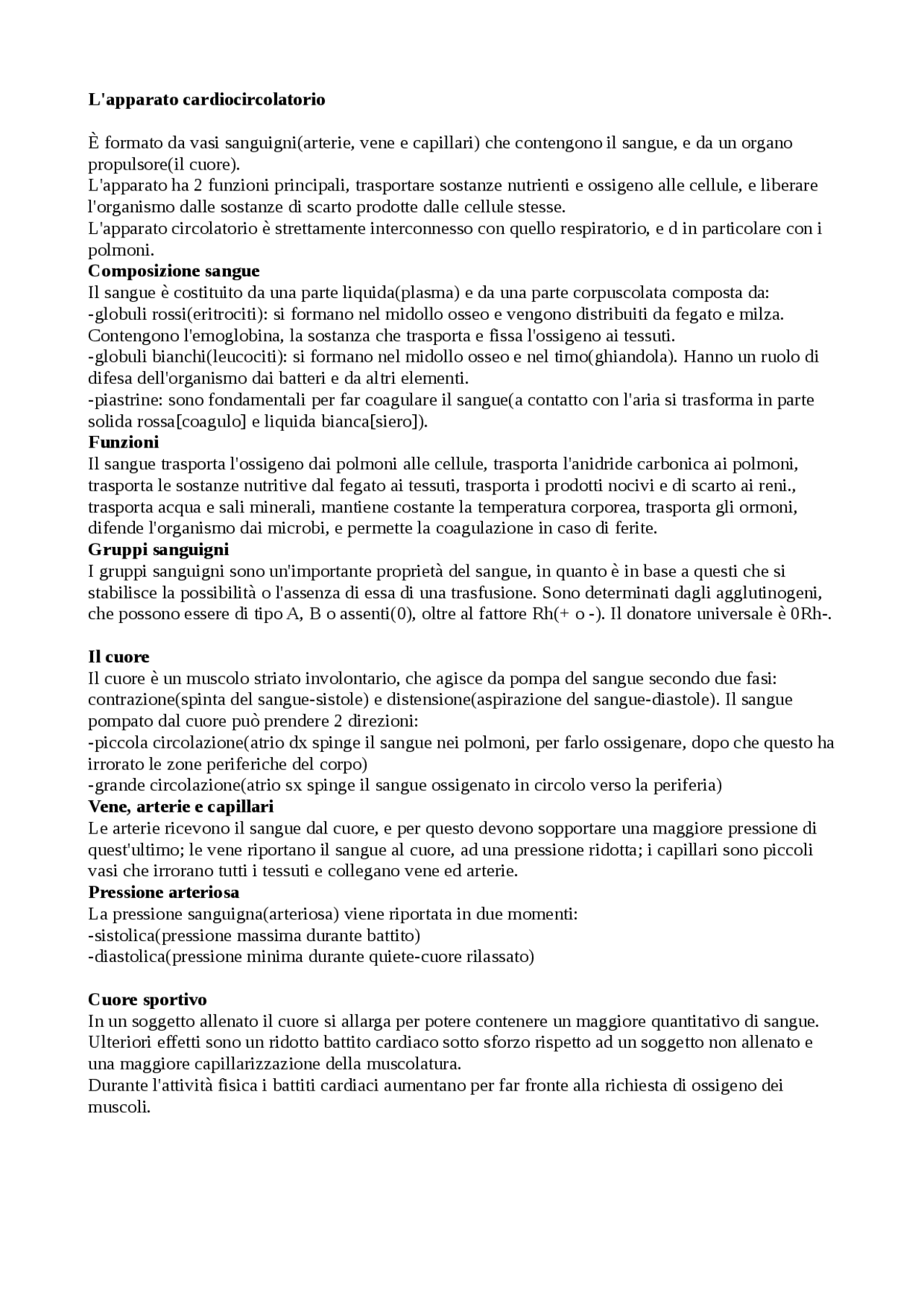 Sintesi Apparato Circolatorio Docsity