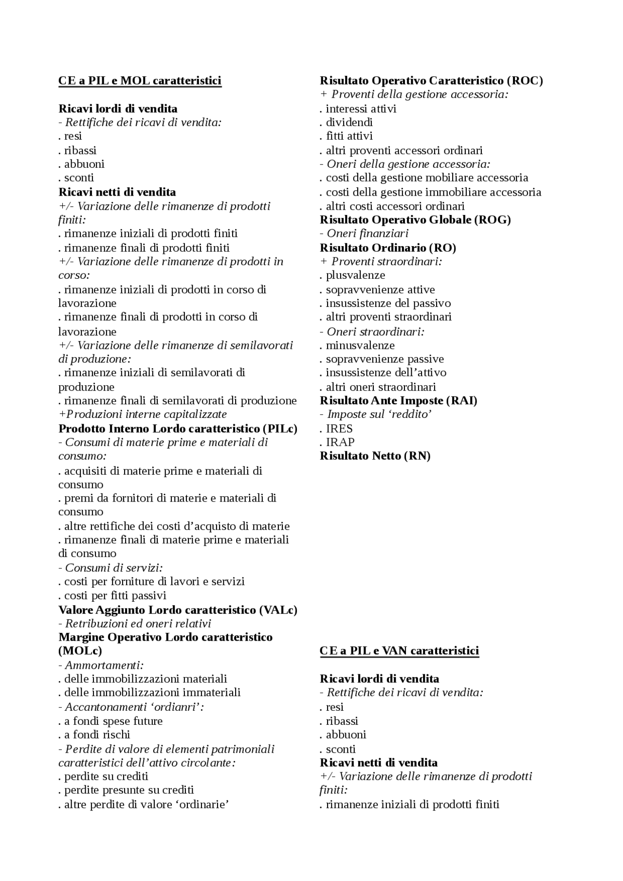 Schema CE costo del venduto/PIL e MOL/PIL e VAN - Docsity