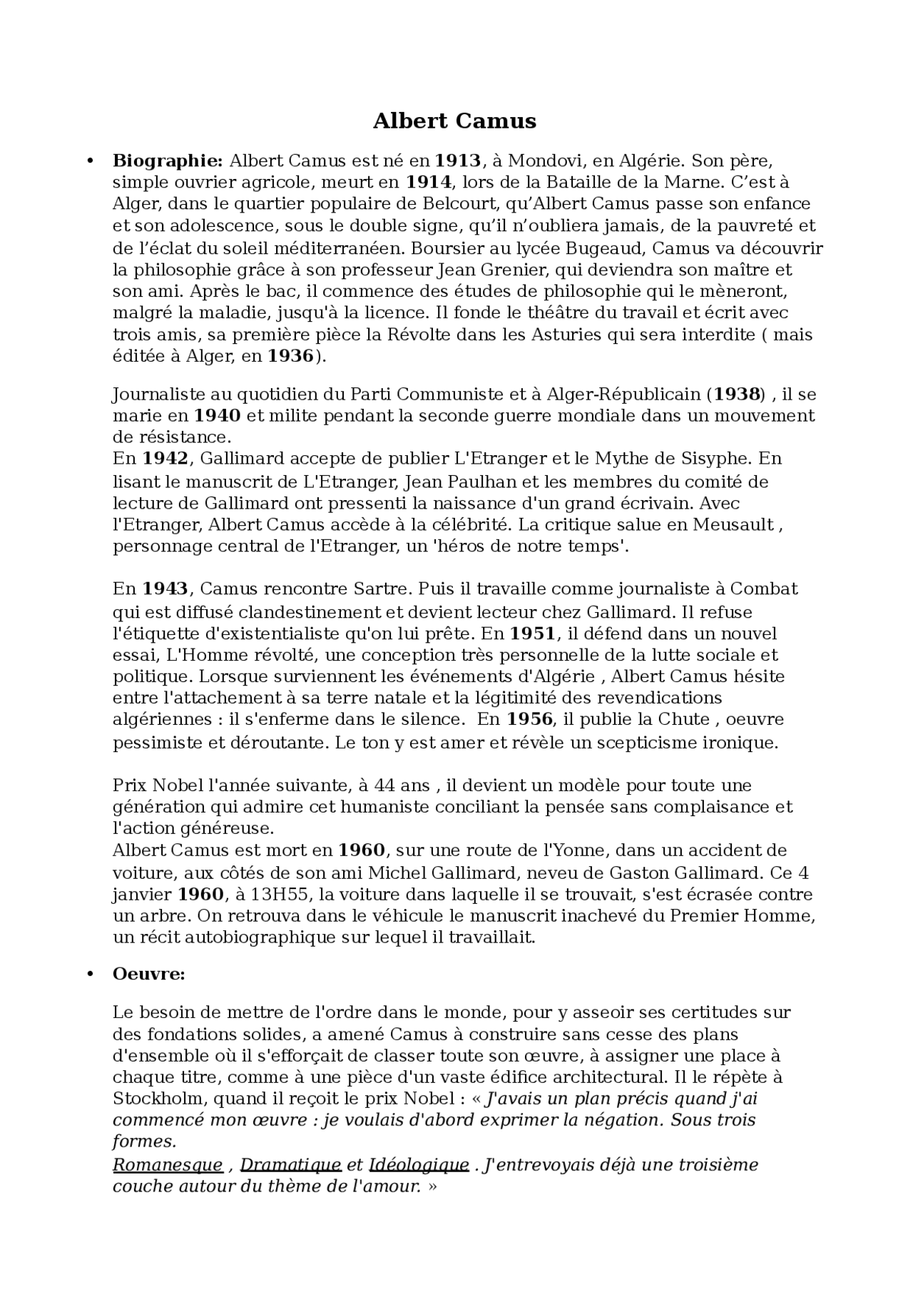 Albert Camus Riassunto Docsity