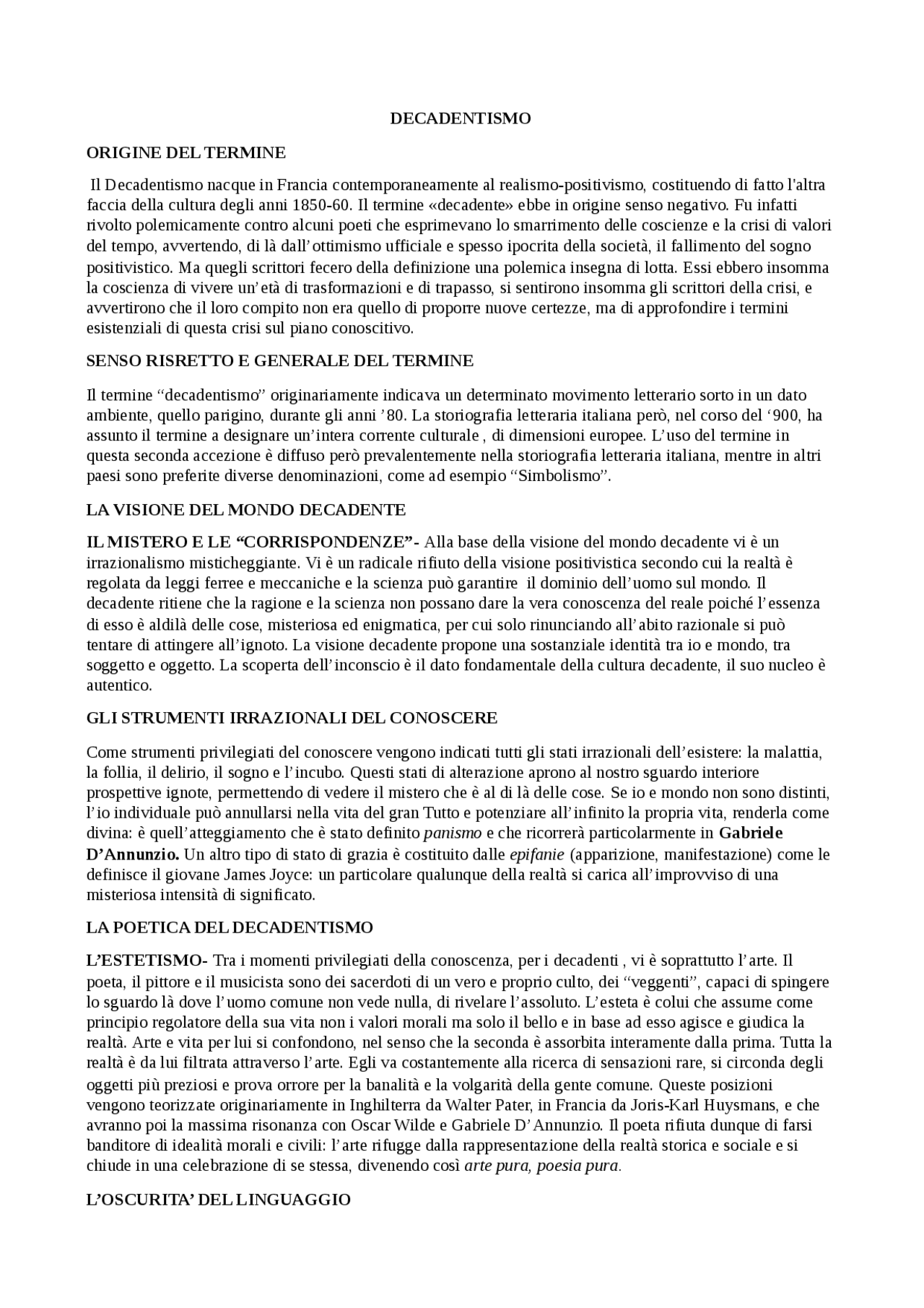 Riassunto Decadentismo Docsity