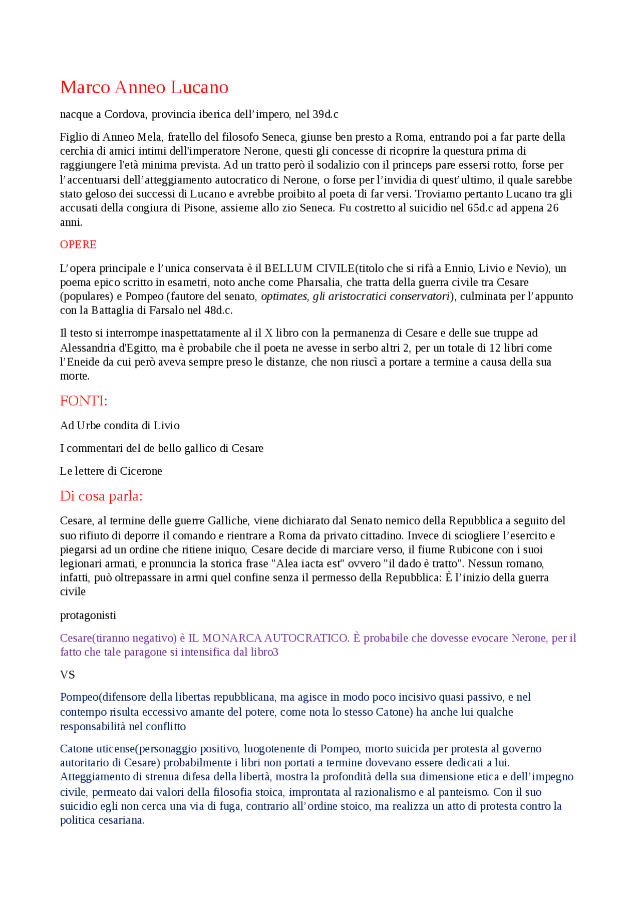 Riassunto Completo Lucano Vita E Bellum Civile Docsity