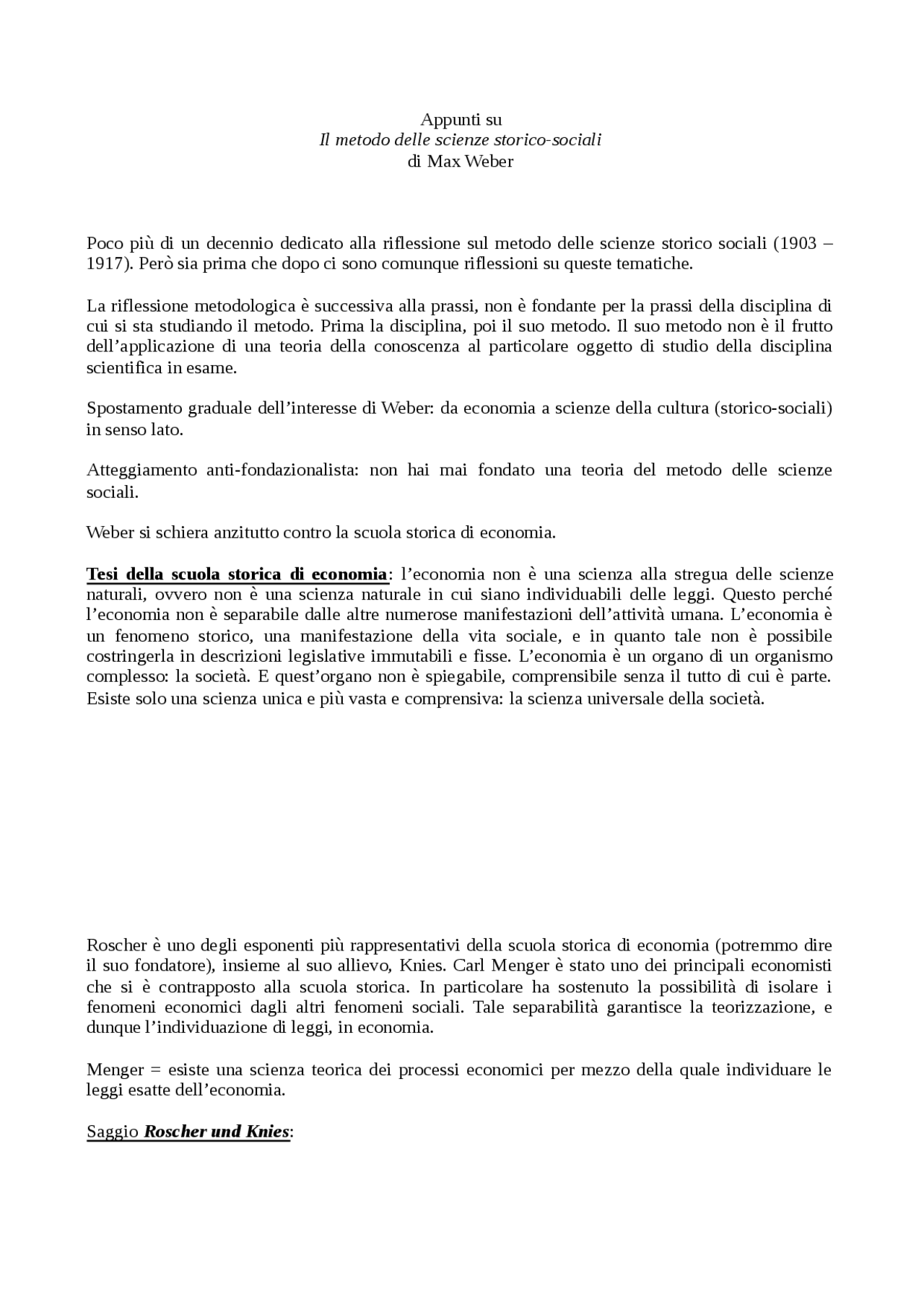 Appunti Su Il Metodo Delle Scienze Storico Sociali Di Max Weber Docsity