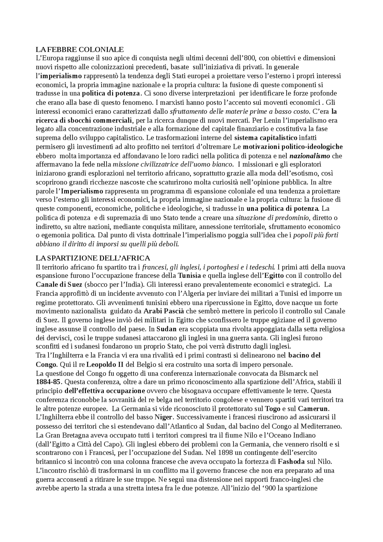 L'imperialismo e la febbre coloniale - Docsity