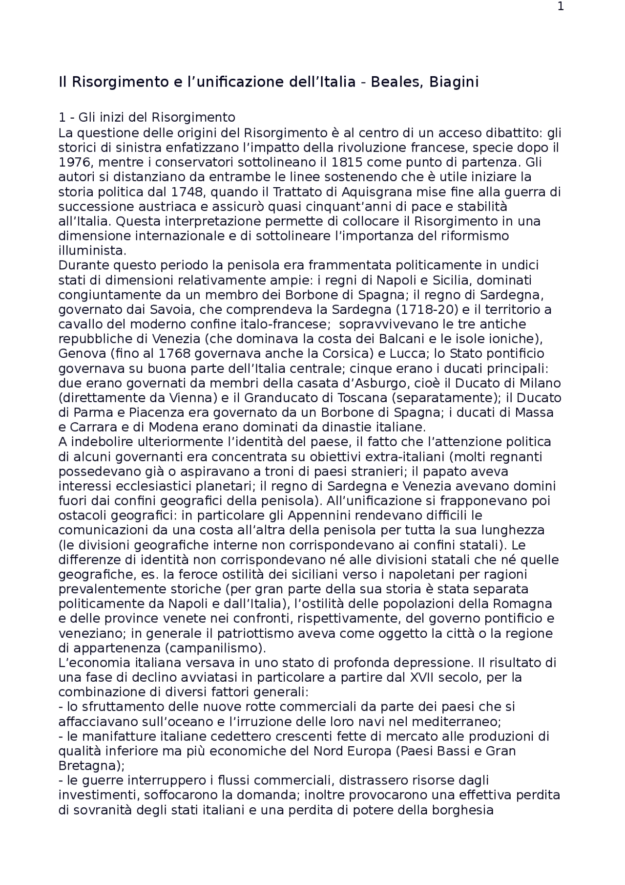 Il Risorgimento e l’unificazione dell’Italia - Docsity