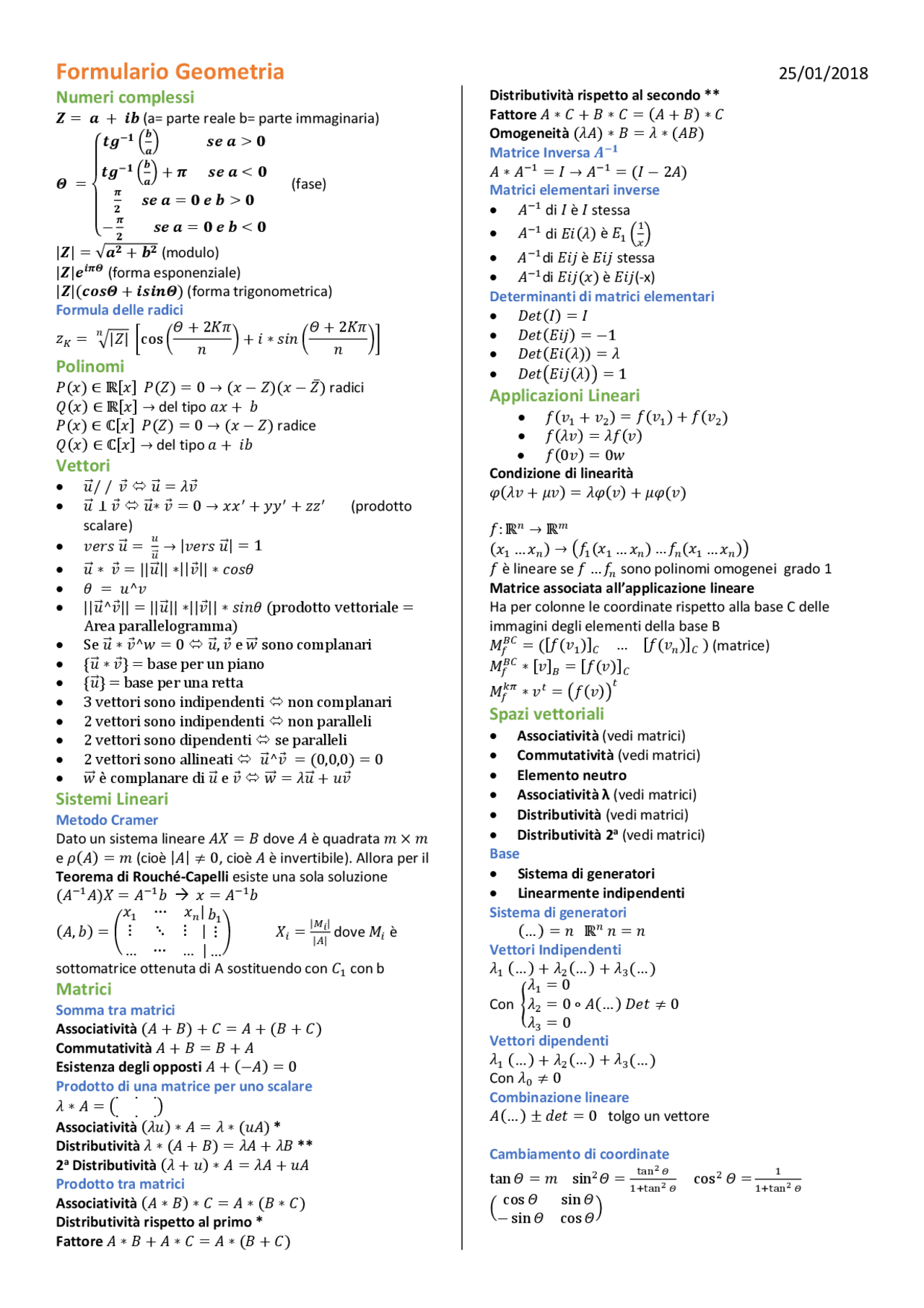 Numeri complessi, Polinomi, Vettori: Formulario di Geometria Euclidea - Docsity