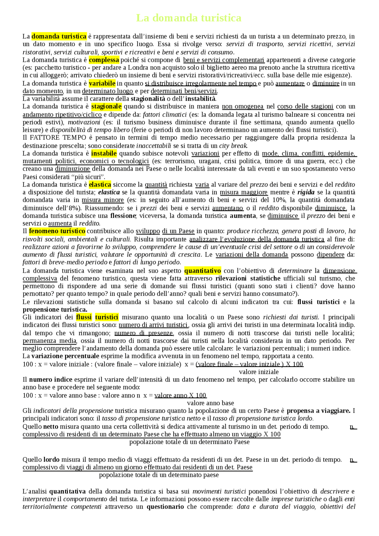 La domanda turistica | Schemi e mappe concettuali di Economia aziendale | Docsity