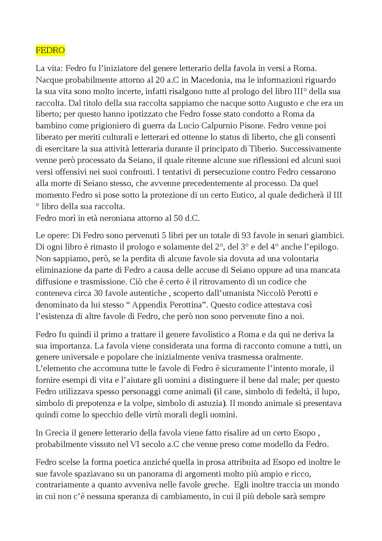 Schema Riassuntivo Fedro Schemi E Mappe Concettuali Di Latino Docsity
