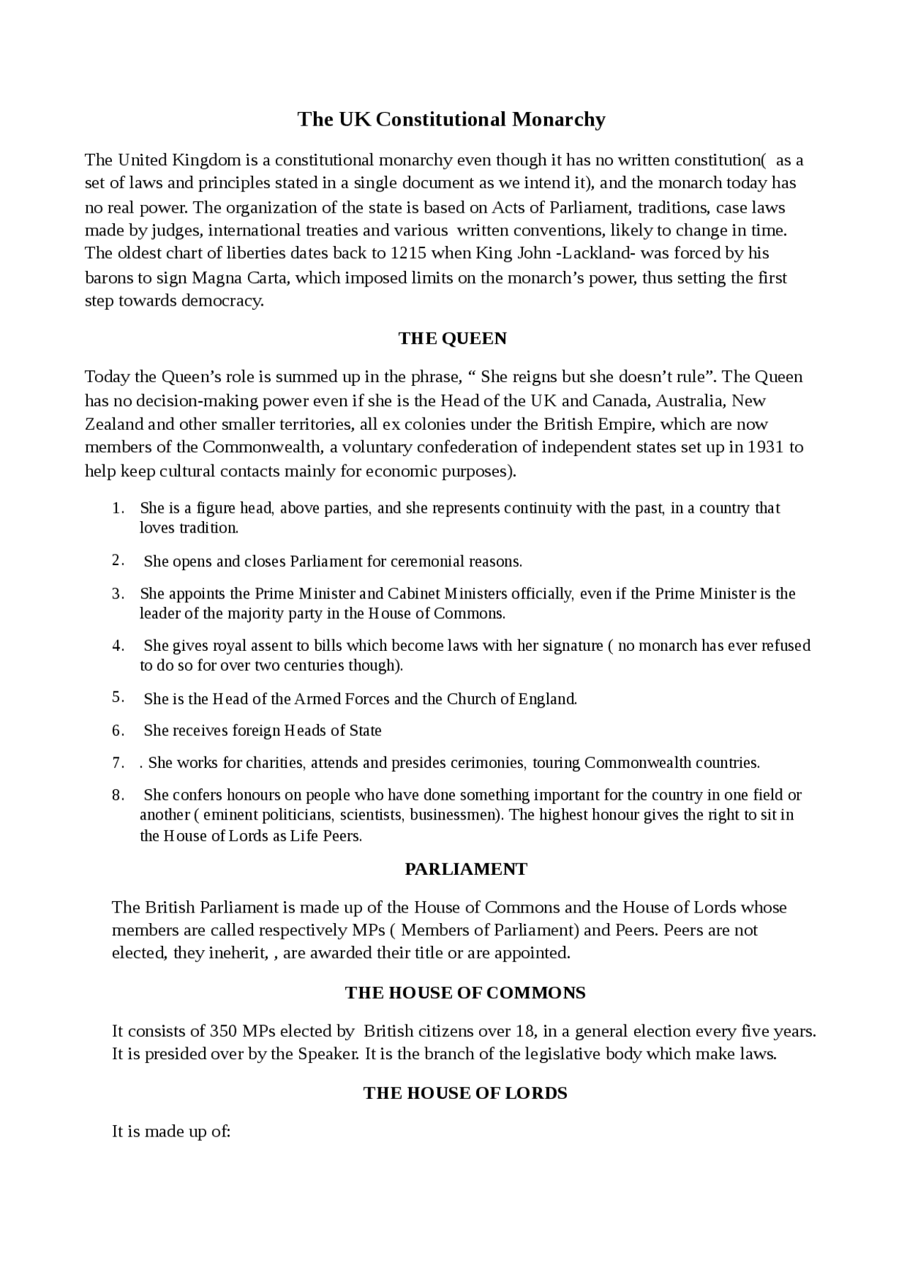 The uk constitutional monarchy - Docsity