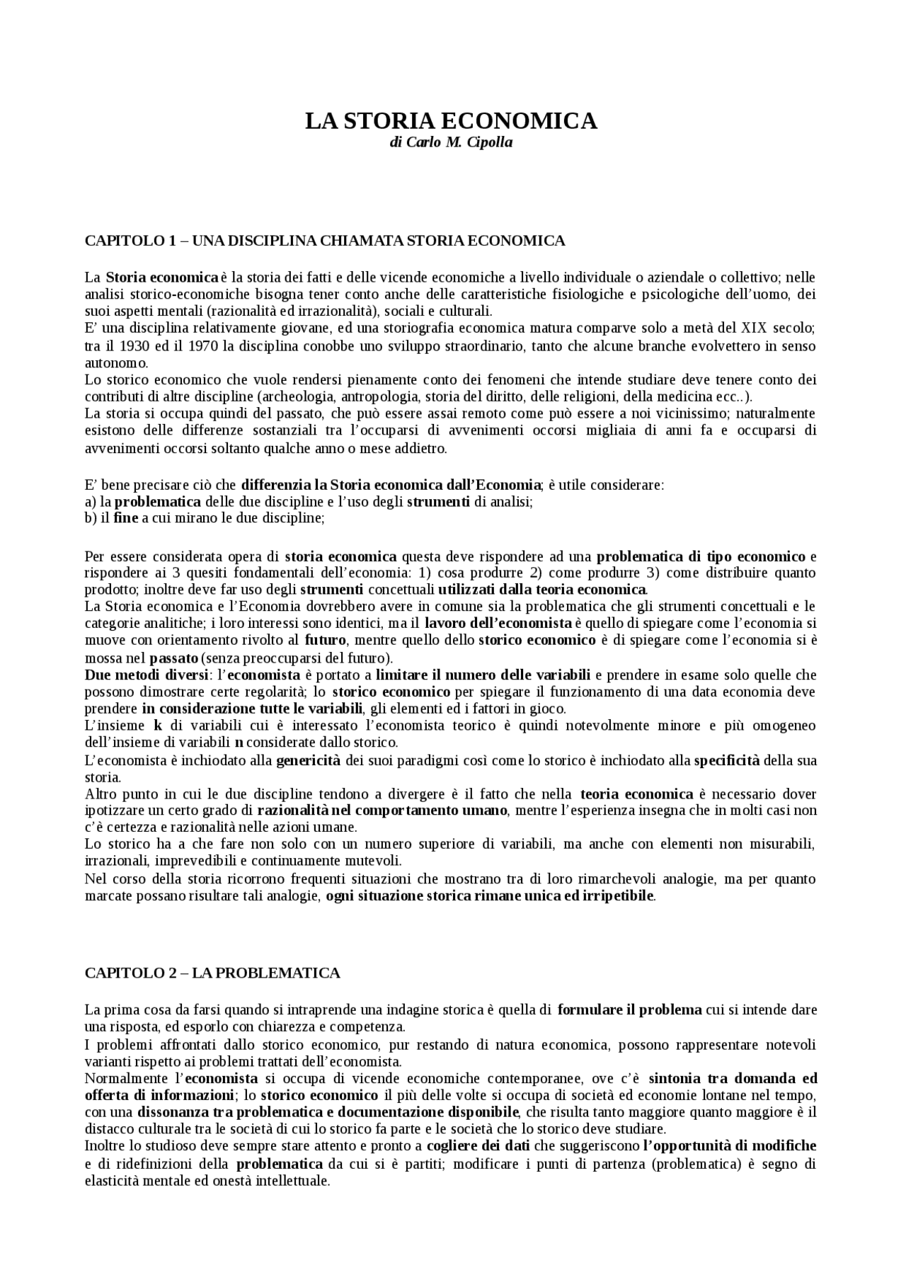 La storia economica, Cipolla C. M. (Riassunto) - Docsity
