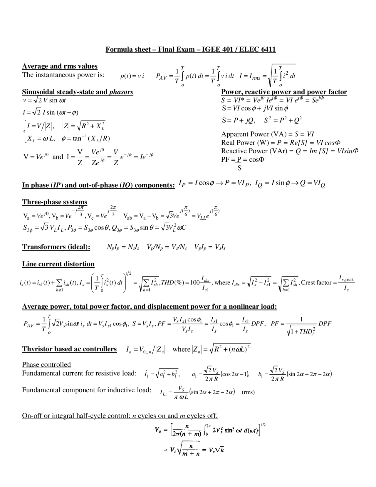 Power Electronics Exam Sheet Docsity