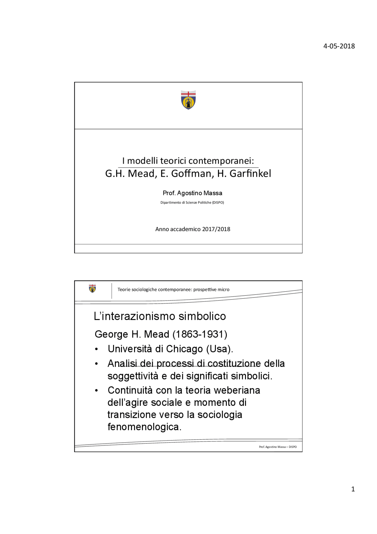 Sociologia: Mead, Goffman, Garfinkel - Prof. Agostino Massa ...