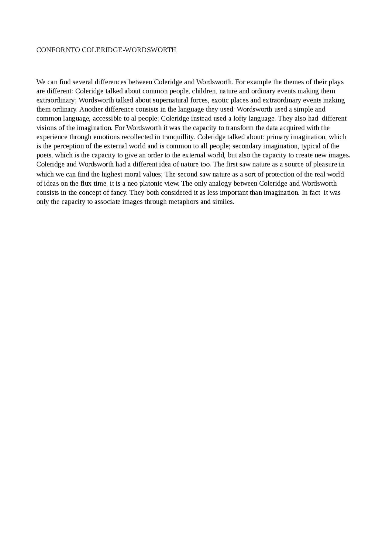 Confronto Fra Coleridge E Wordsworth Appunti Di Inglese Docsity