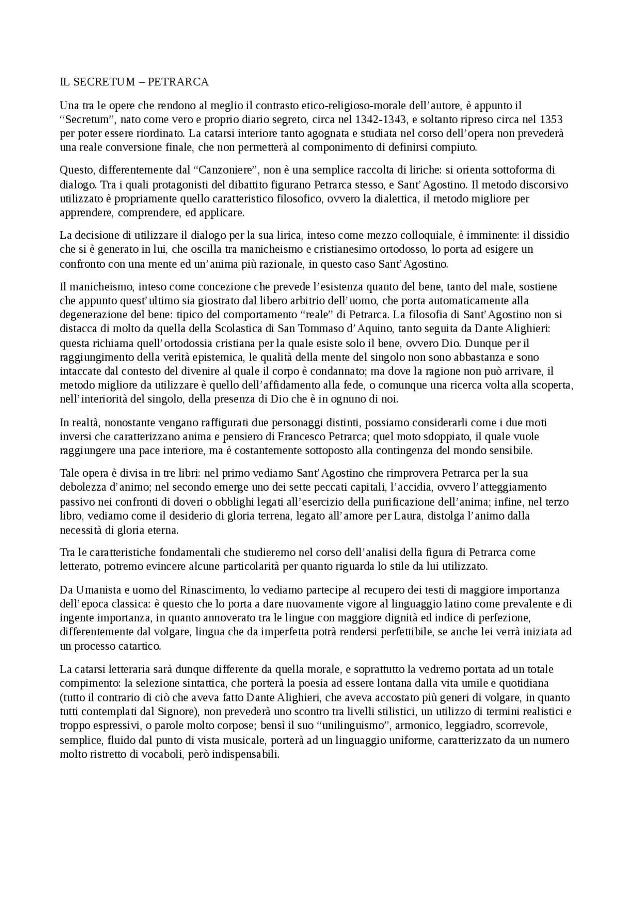 IL SECRETUM, FRANCESCO PETRARCA - Docsity