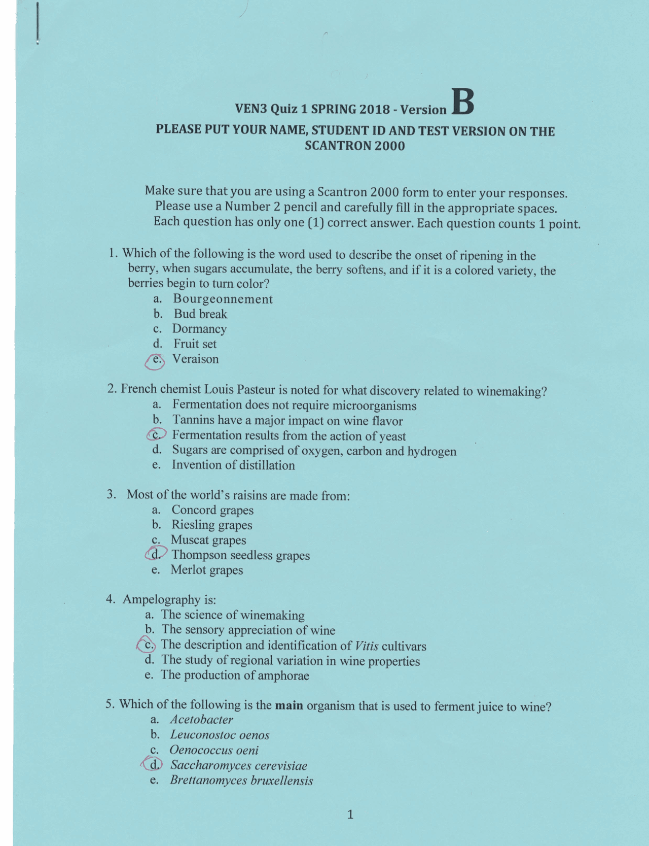 Quiz 1 For Version B Introduction To Wine Making Ven 003 Docsity