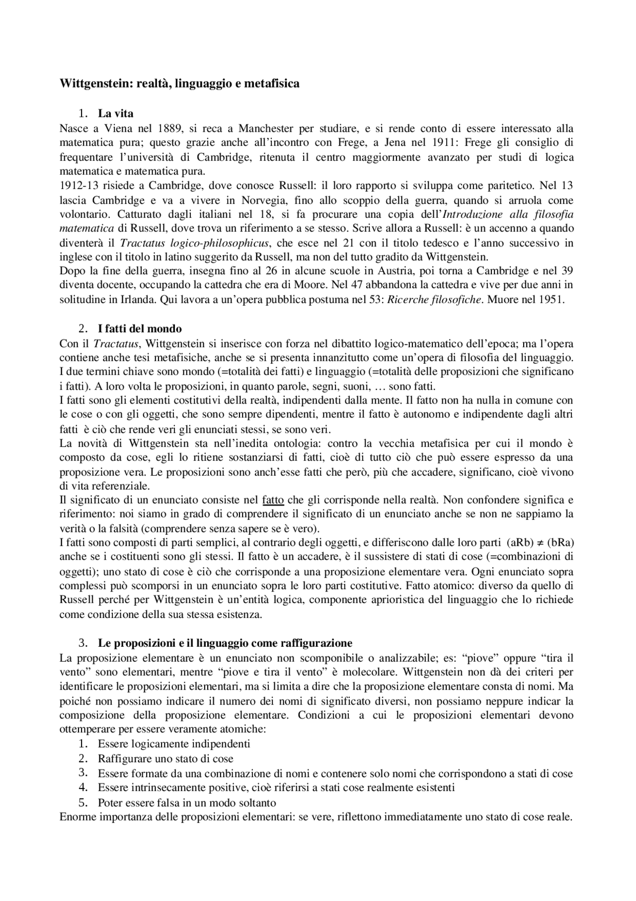 Riassunto Wittgenstein Dal Manuale Fornero Tassinari Docsity