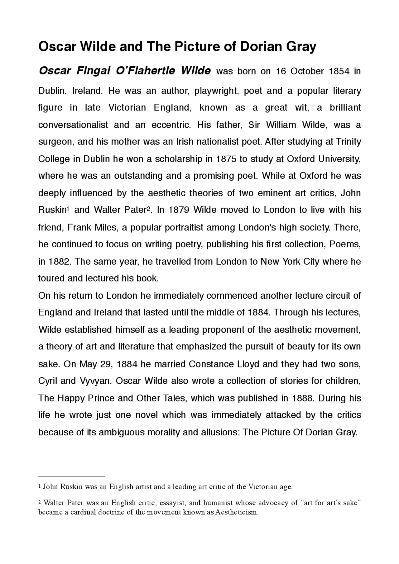 Oscar Wilde and The Picture of Dorian Grey - Docsity