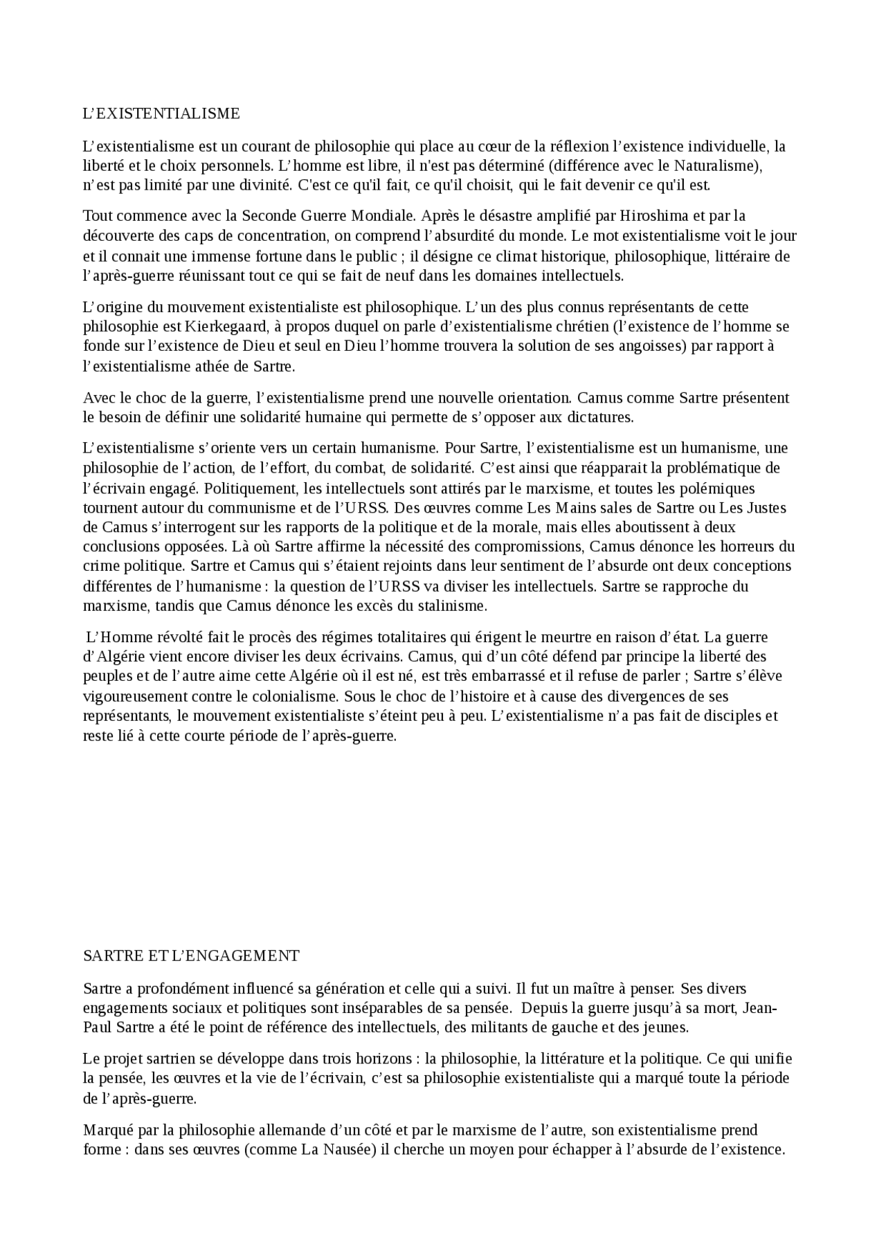 Sartre Et Camus Pensee Et Oeuvres Docsity