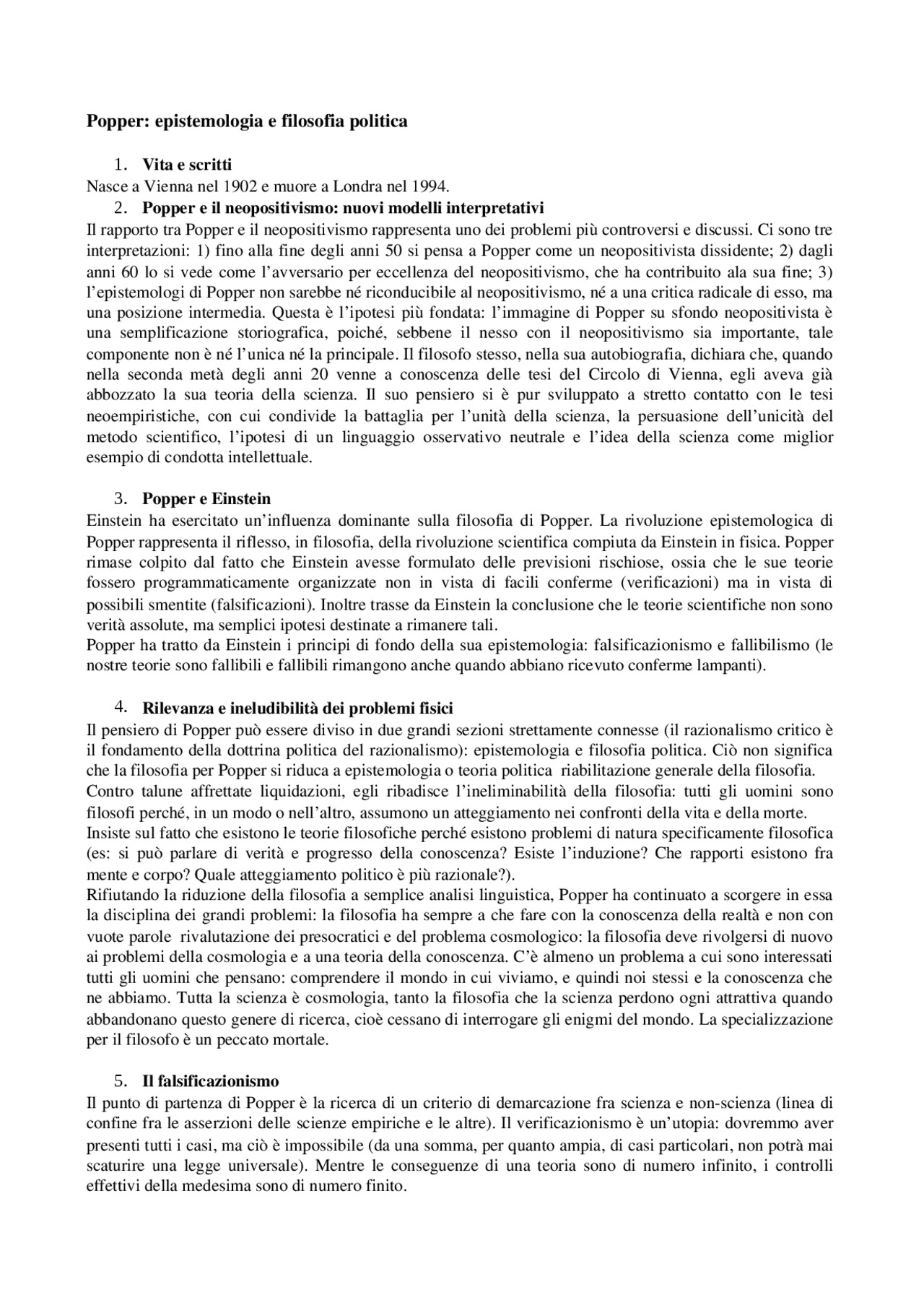 Riassunto Popper Dal Manuale Fornero Tassinari Schemi E Mappe