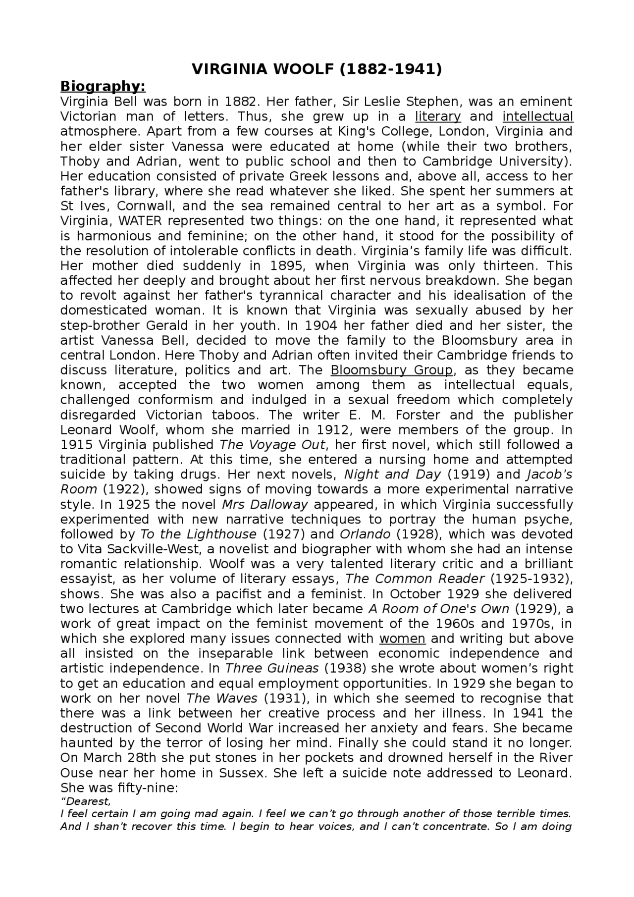 Riassunto Virginia Woolf Docsity