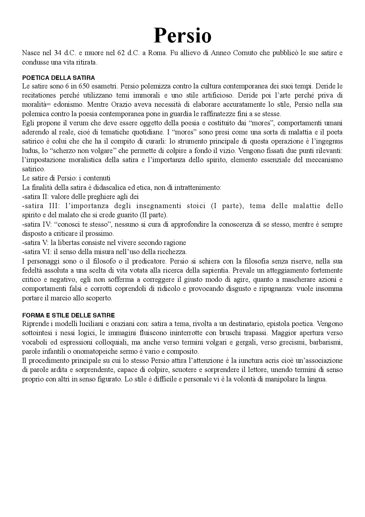 Riassunto vita ed opere di Persio - Docsity